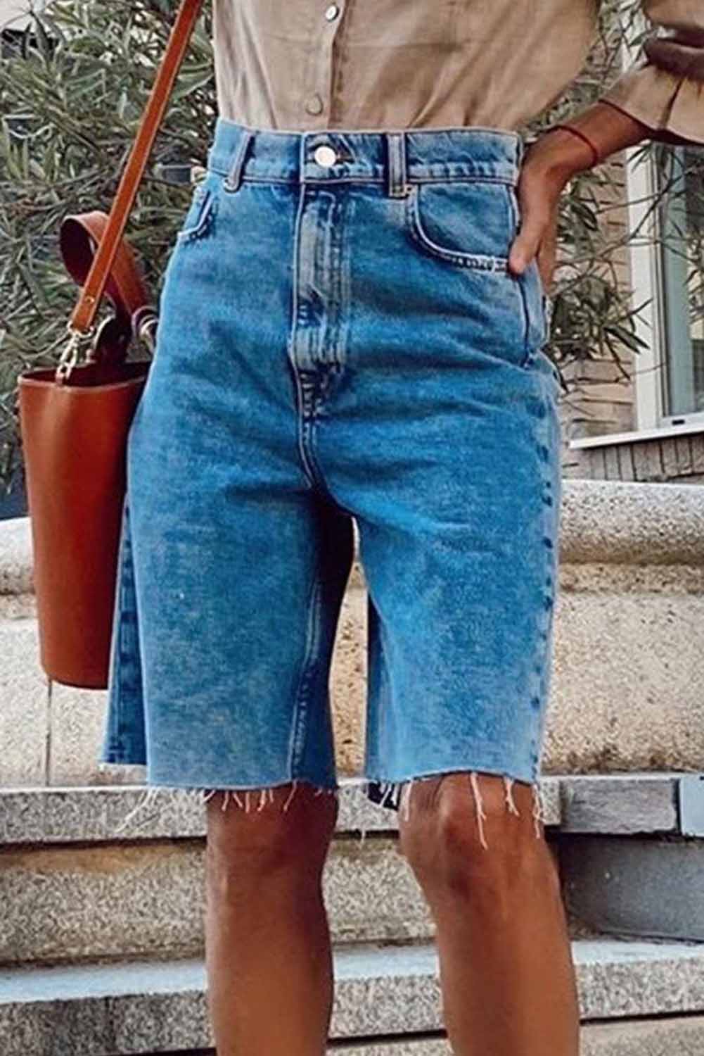$8.29 Blue Half Cut Off Denim High Waist Shorts Wholesale