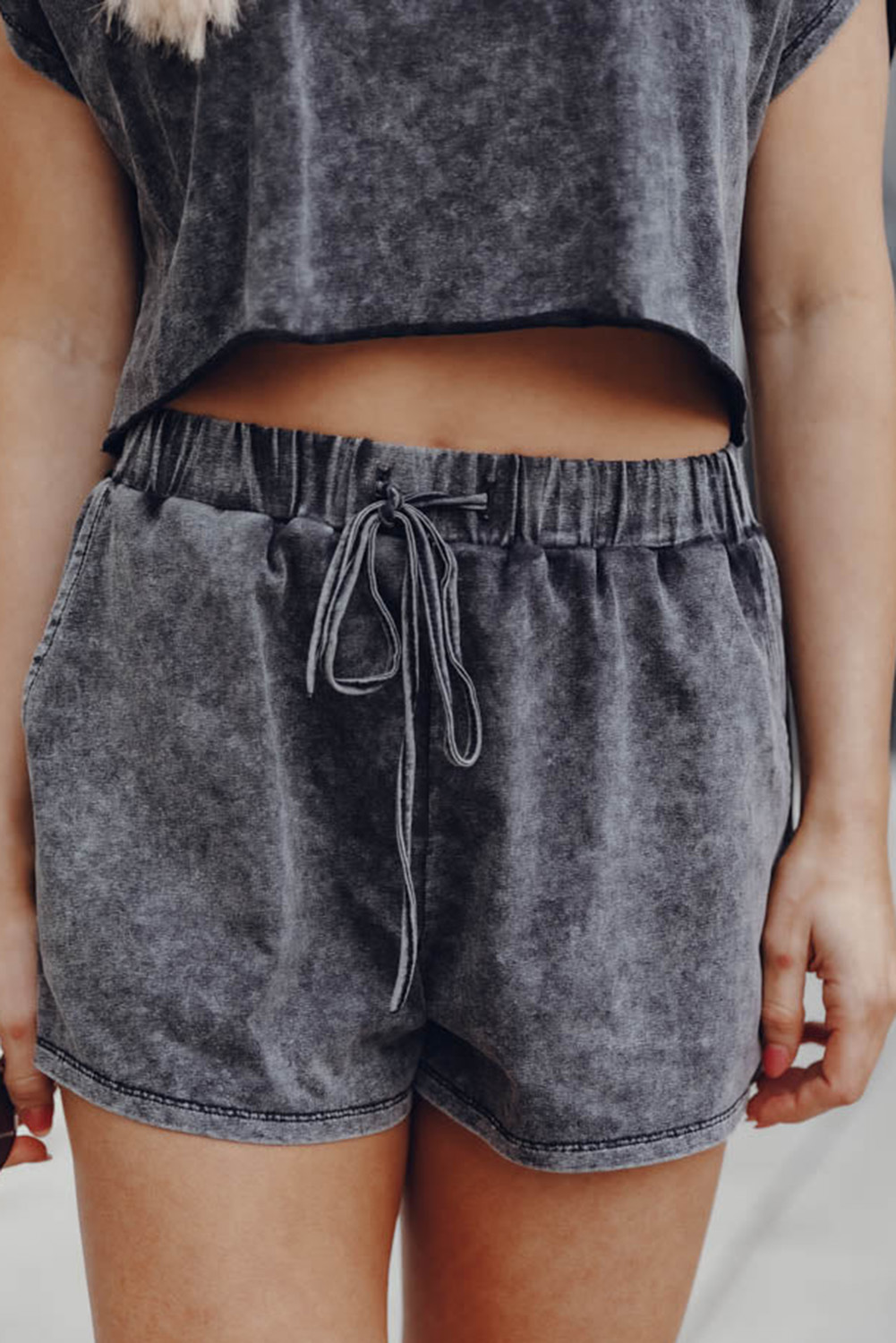$9.4 Black Acid Washed Short Lounge Set Wholesale