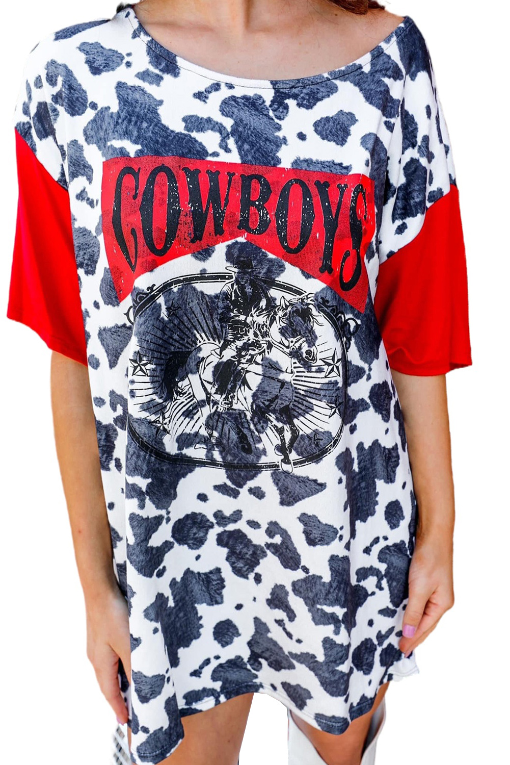 $5.29 Fiery Red Western Cow Print COWBOYS Graphic Contrast Sleeve ...