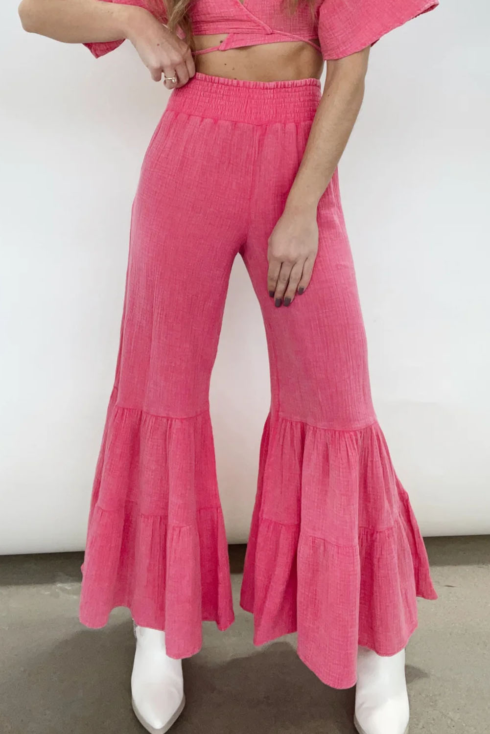 $7.49 Rose Smocked High Rise Tiered Ruffle Flared Pants Wholesale
