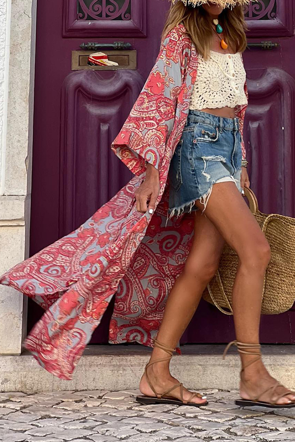 $8.59 Fiery Red Boho Paisley Print Duster Kimono Wholesale