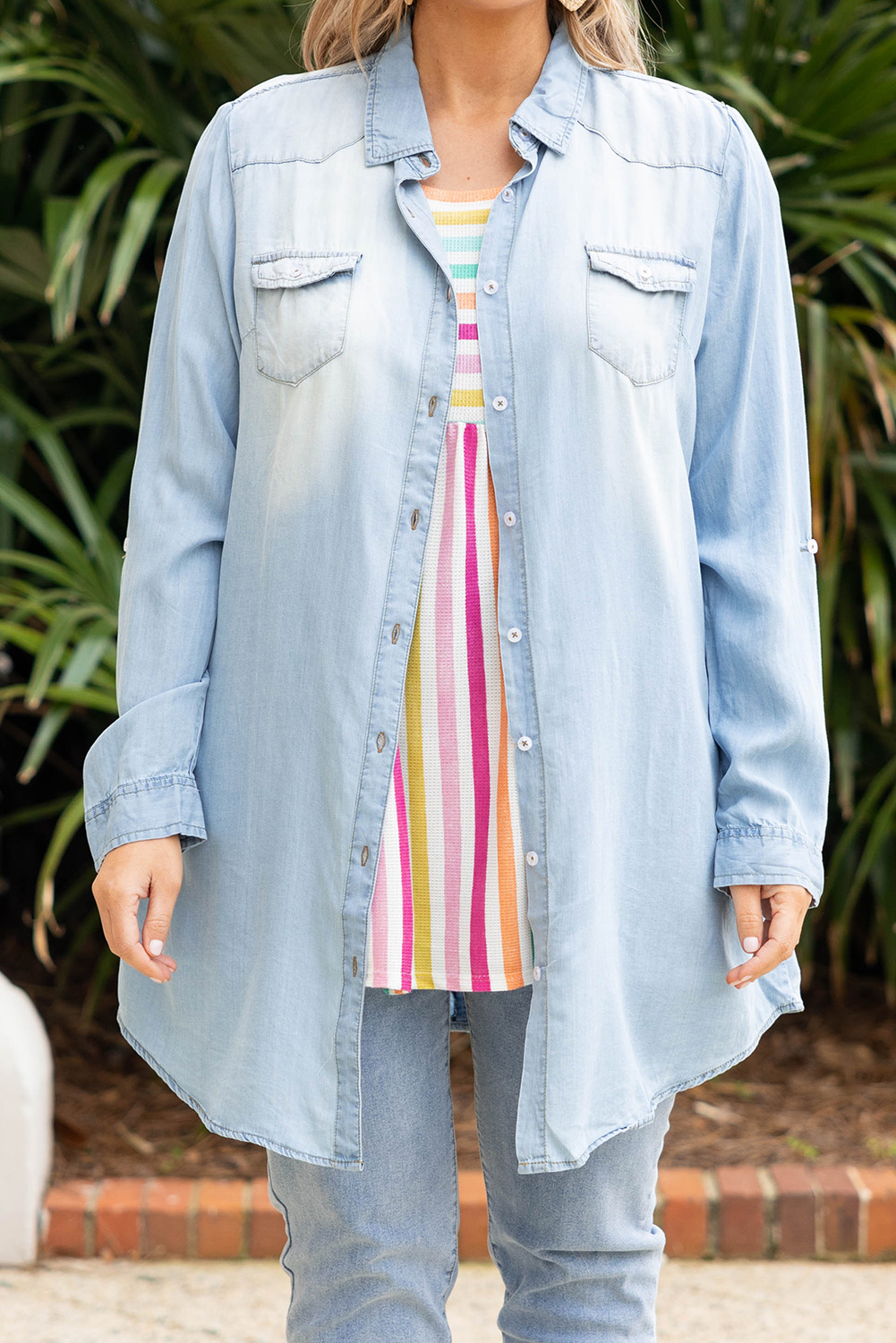 $8.69 Sky Blue Plus Size Pin up Sleeve Longline Denim Shirt Wholesale