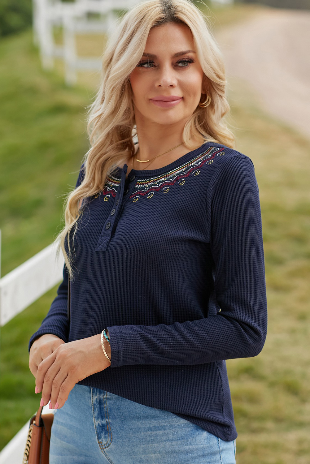 $7.98 Navy Blue Embroidered Round Neck Waffle Top Wholesale