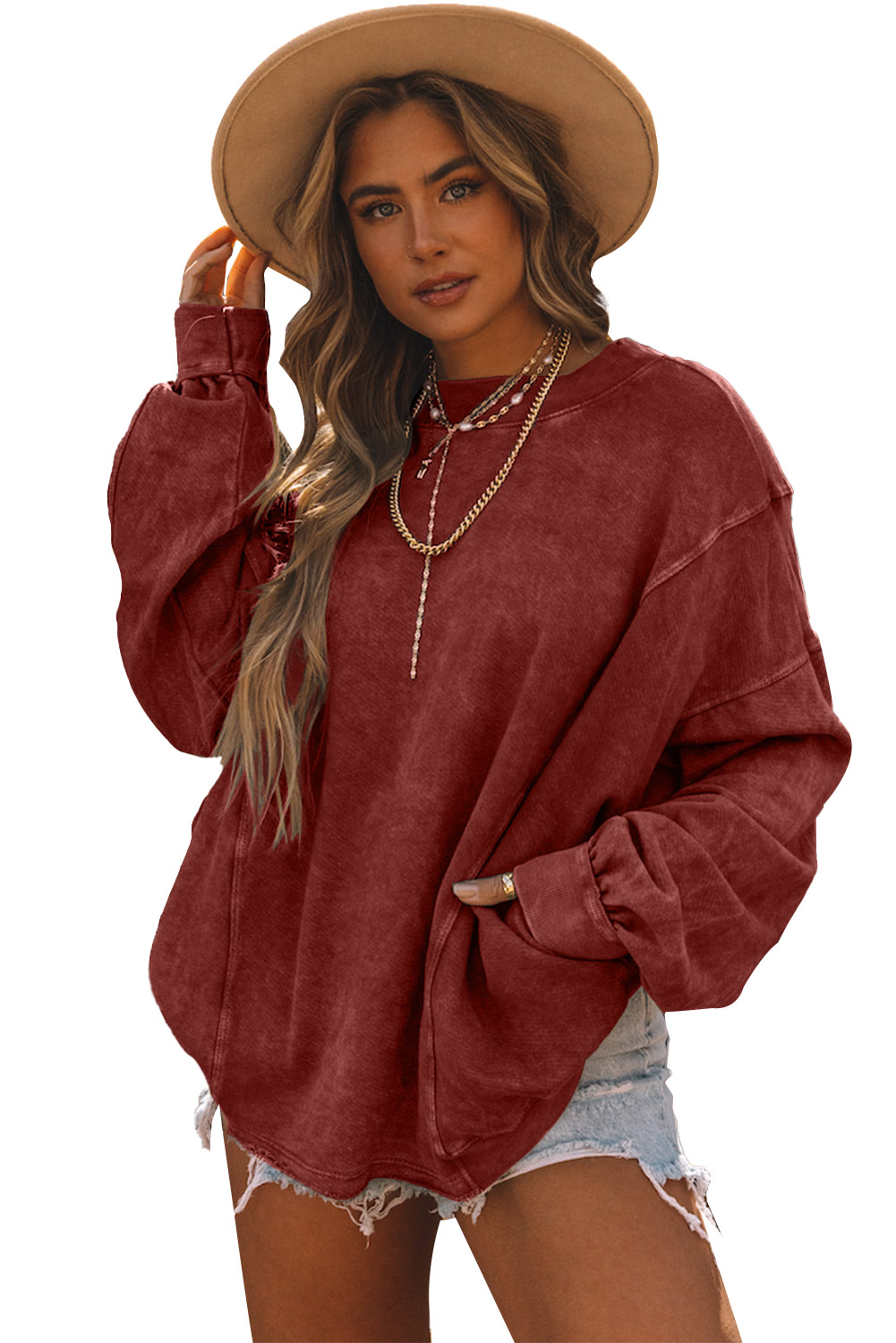 $11.8 Fiery Red Exposed Seam Twist Open Back Oversized Sweatshirt Wholesale
