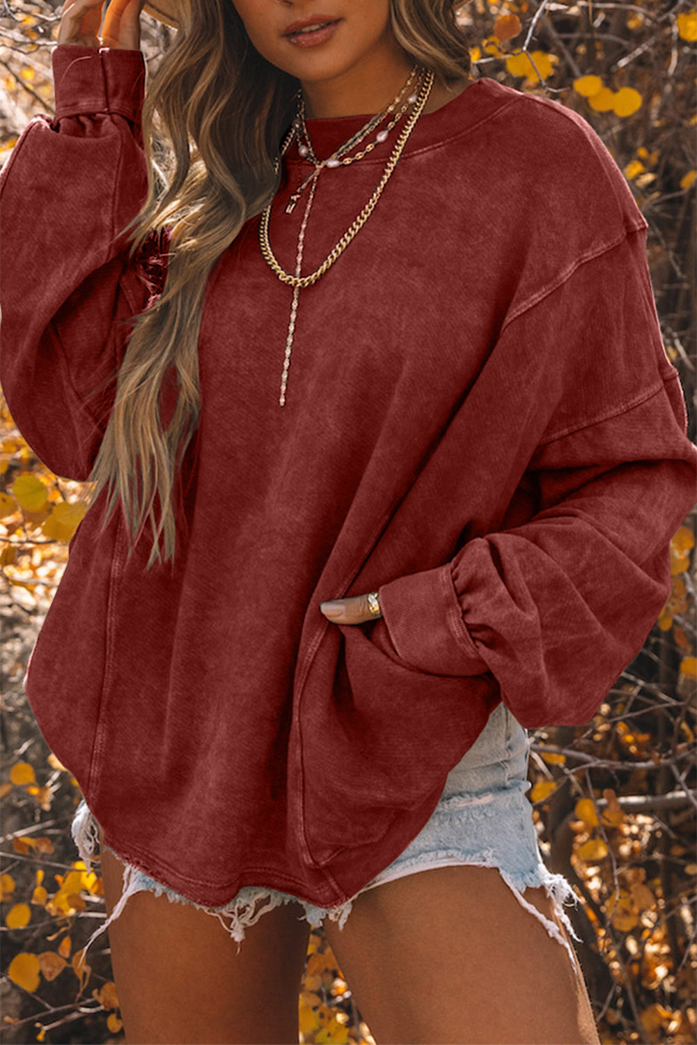 $11.8 Fiery Red Exposed Seam Twist Open Back Oversized Sweatshirt Wholesale