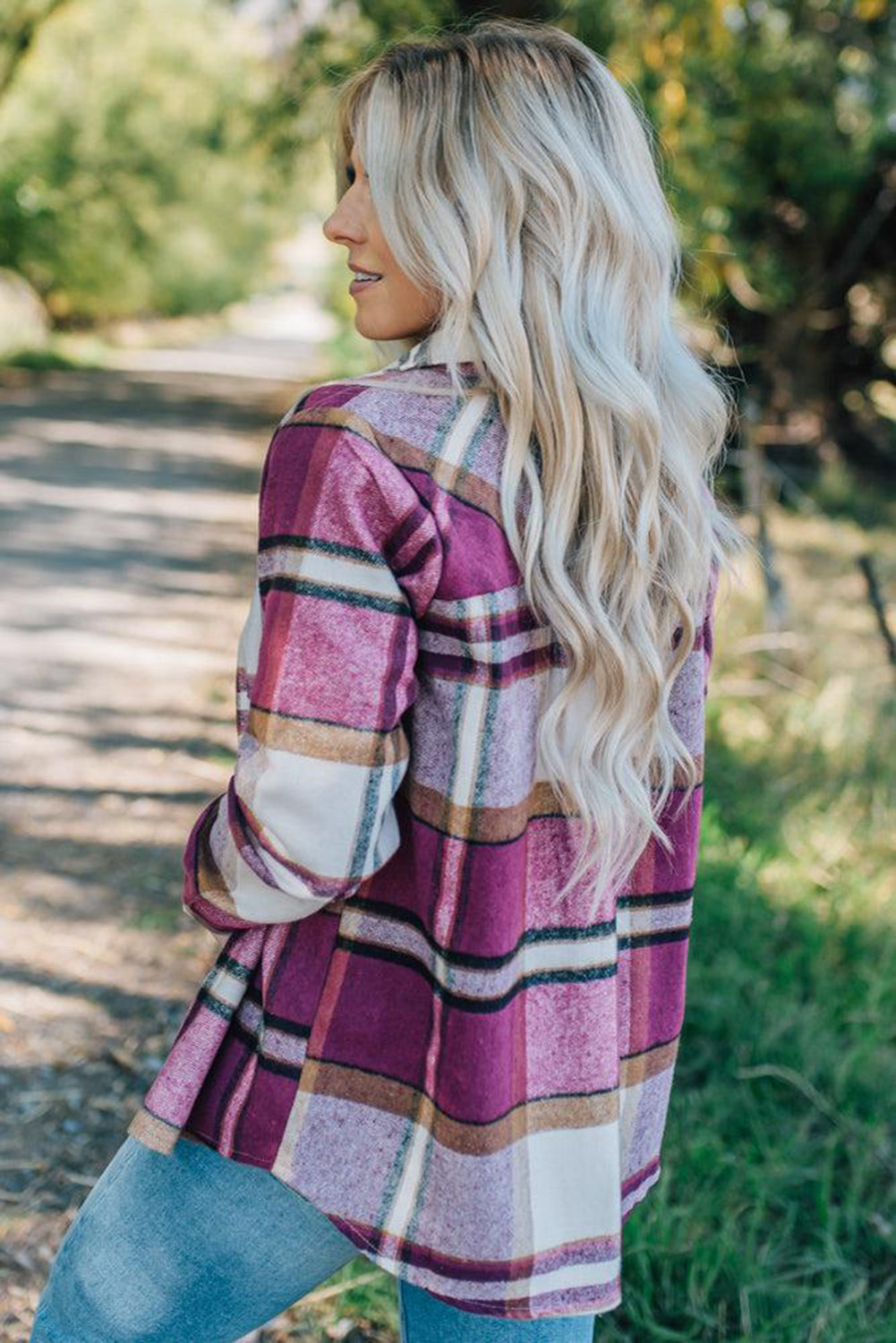 $10.69 Purple Plaid Button Up Shacket Wholesale
