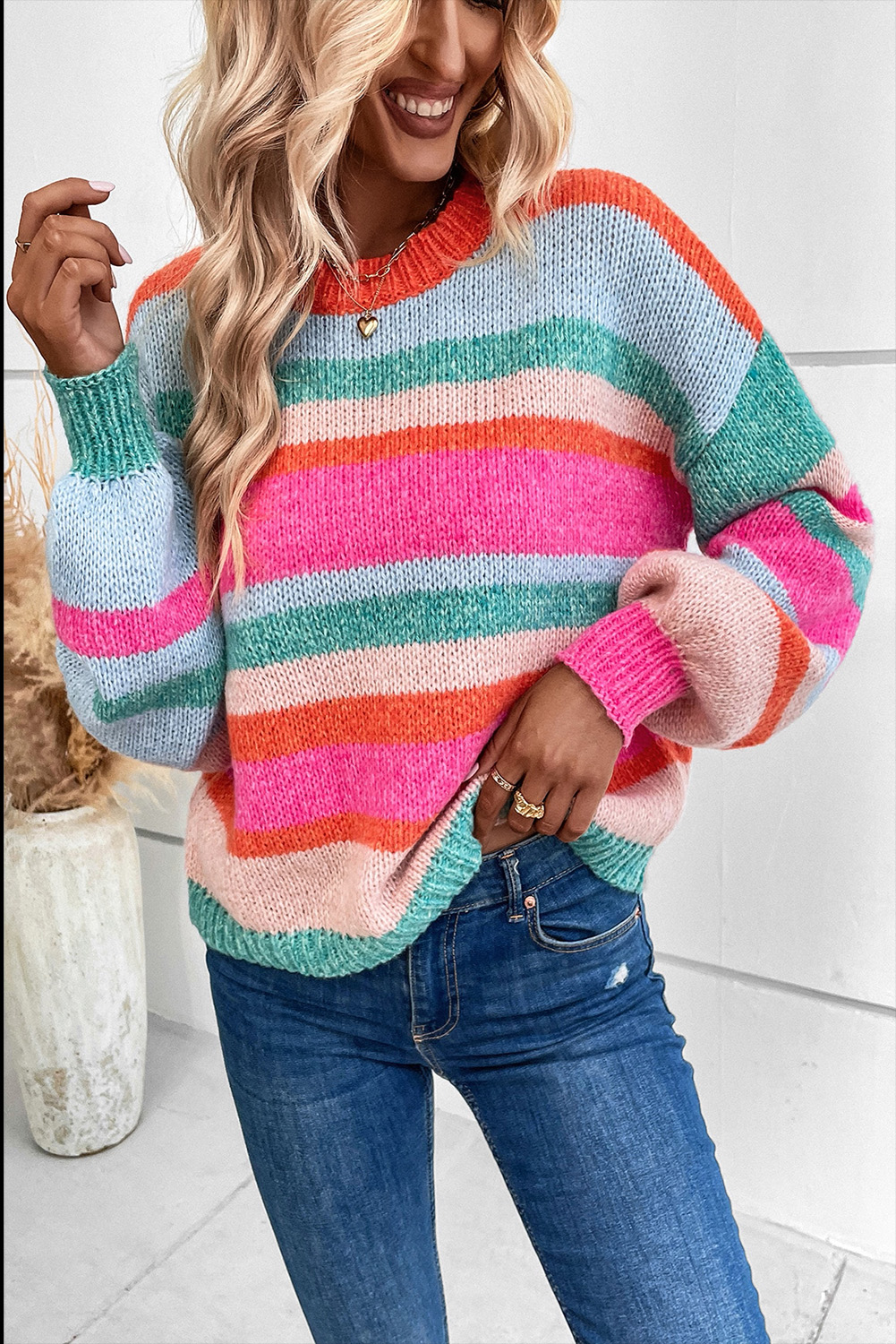 $8.75 Multicolor Striped Knit Drop Shoulder Puff Sleeve Sweater Wholesale