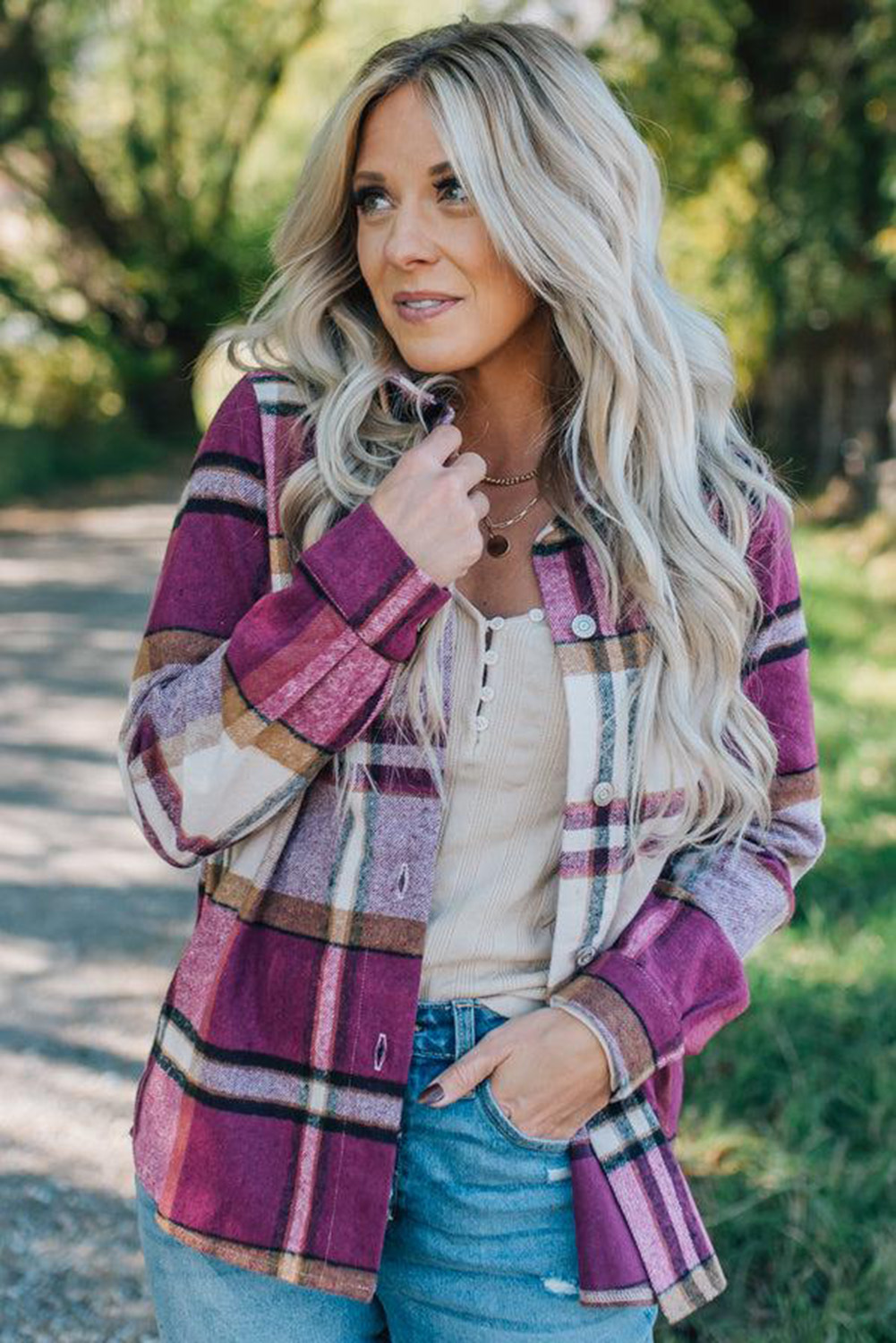 $10.69 Purple Plaid Button Up Shacket Wholesale