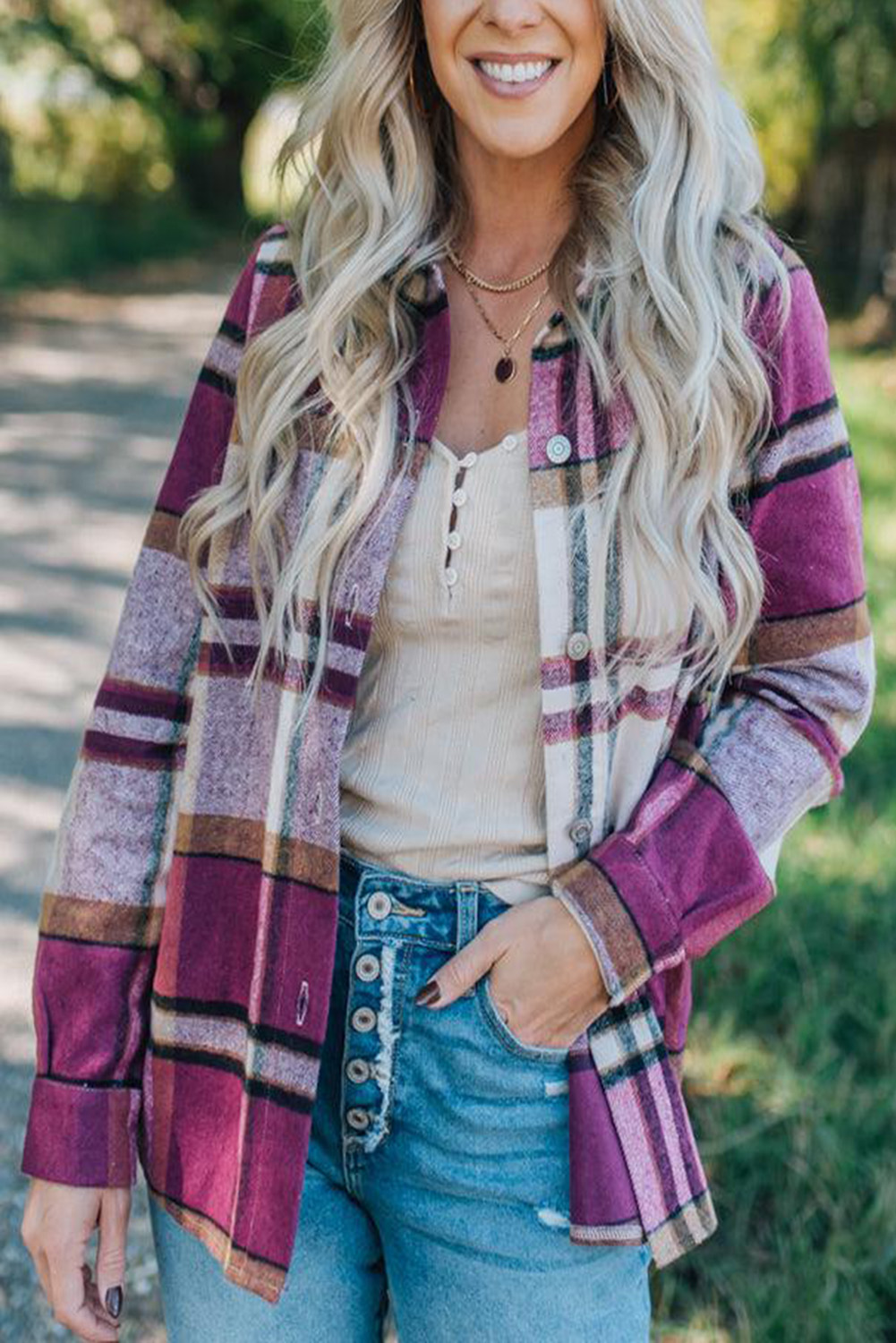 $10.69 Purple Plaid Button Up Shacket Wholesale