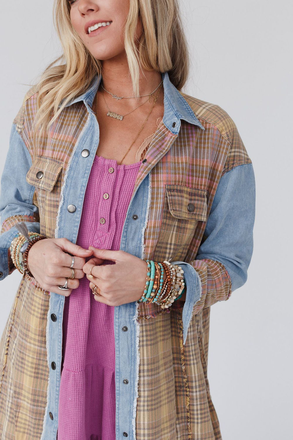 $14.69 Yellow Frayed Plaid Denim Patchwork Duster Shacket Wholesale