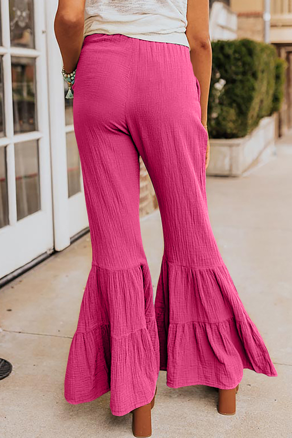 $8.3 Rose Textured High Waist Ruffled Bell Bottom Pants Wholesale
