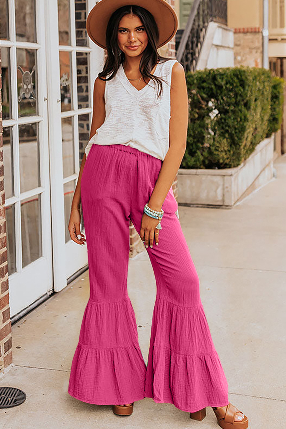 $8.3 Rose Textured High Waist Ruffled Bell Bottom Pants Wholesale