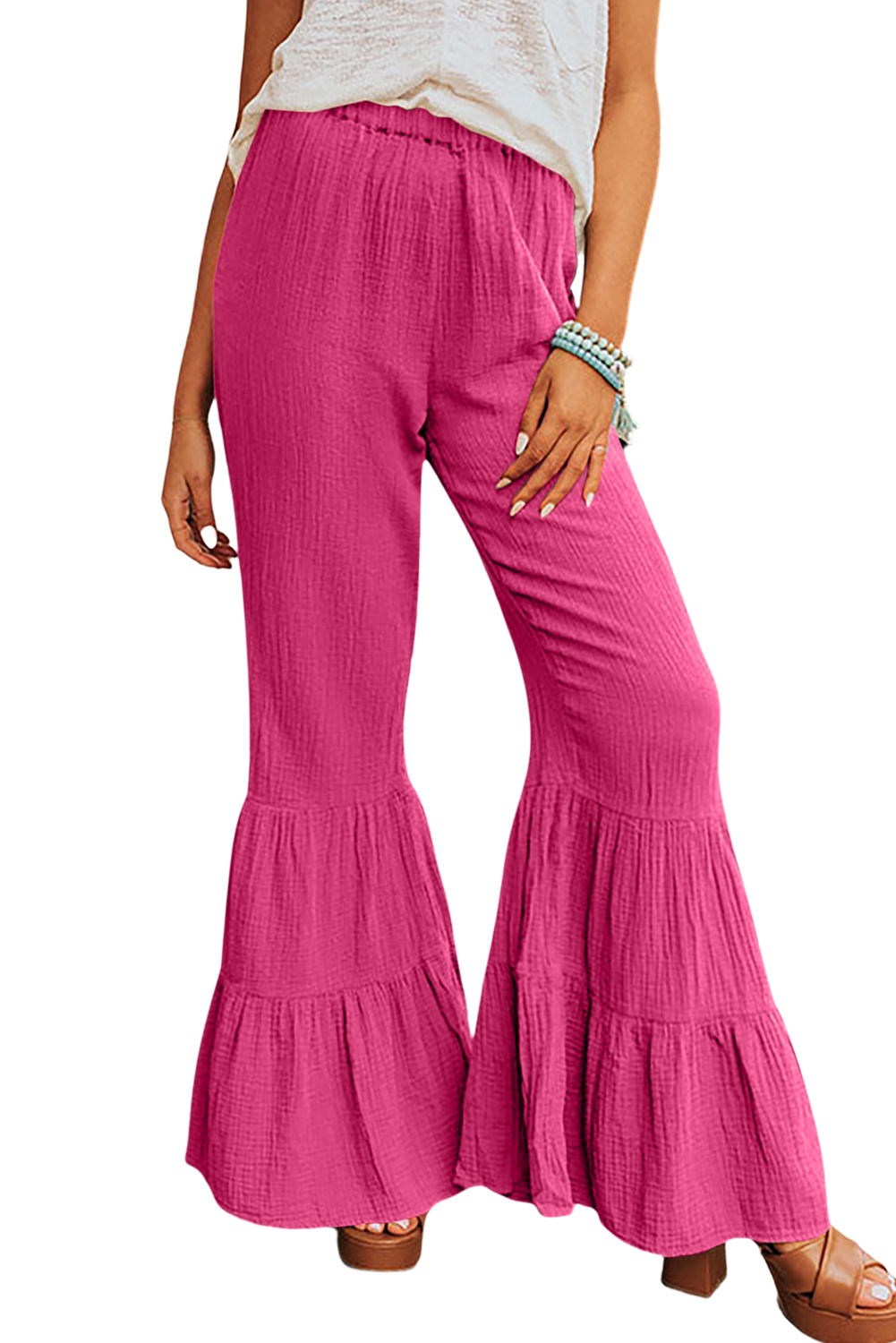 $8.3 Rose Textured High Waist Ruffled Bell Bottom Pants Wholesale