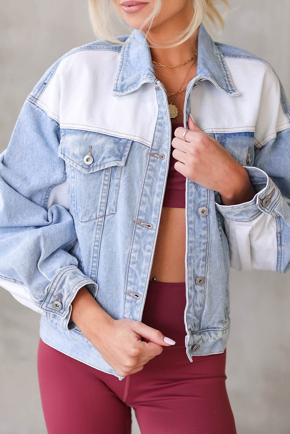 $15.29 Sky Blue Oversized Colorblock Denim Jacket Wholesale