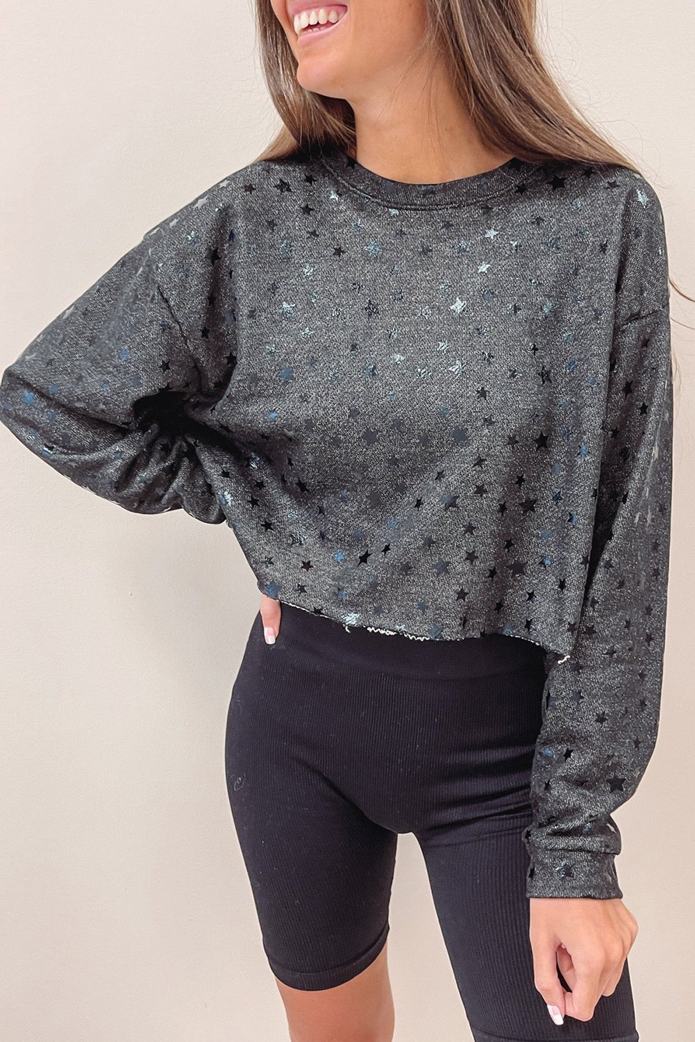 $7.98 Gray Starry Long Sleeve Raw Hem Blouse Wholesale