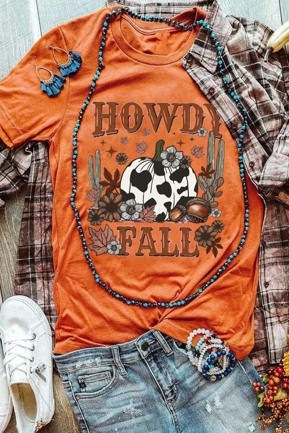 $5.57 Orange HOWDY FALL Western Pumpkin Graphic T Shirt Wholesale