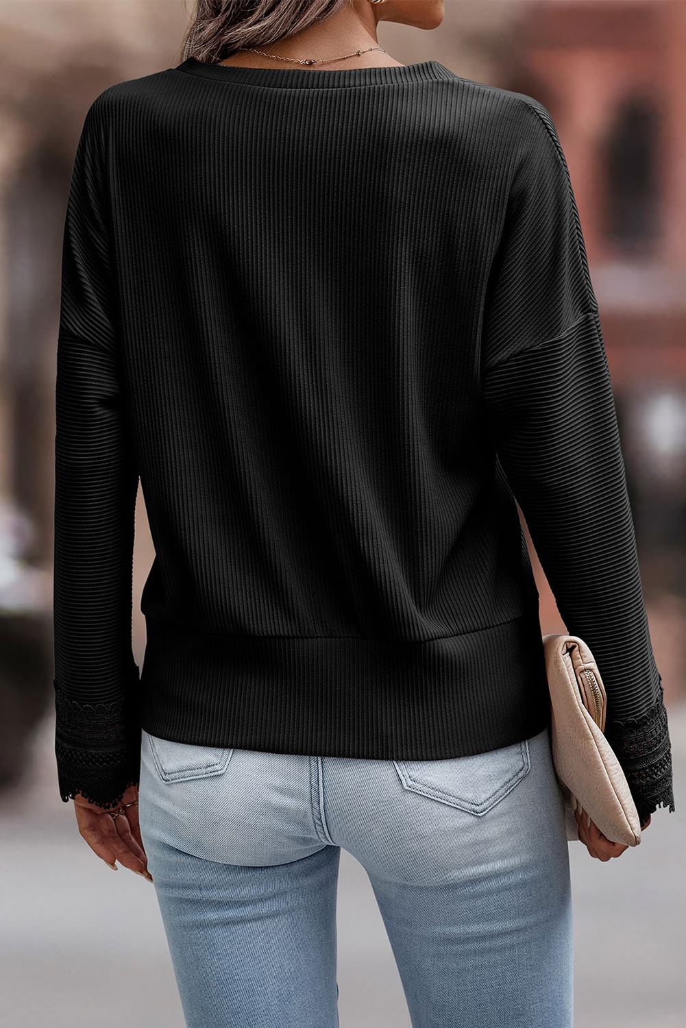 $5.2 Black Ribbed Texture Lace Trim V Neck Long Sleeve Top Wholesale