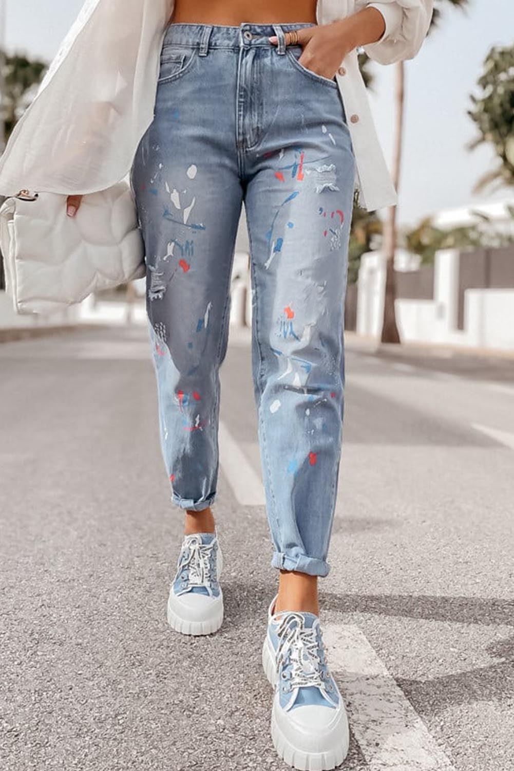 $11.29 Sky Blue Scrawl Grafitti Slight Distressed Jeans Wholesale