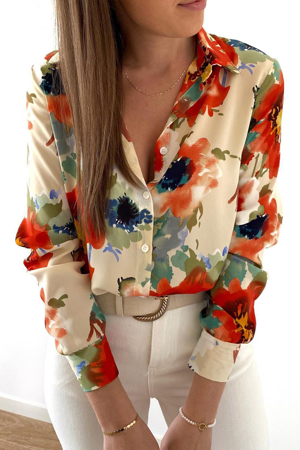 $7.69 Apricot Floral Print Collared Neck Shirt Wholesale