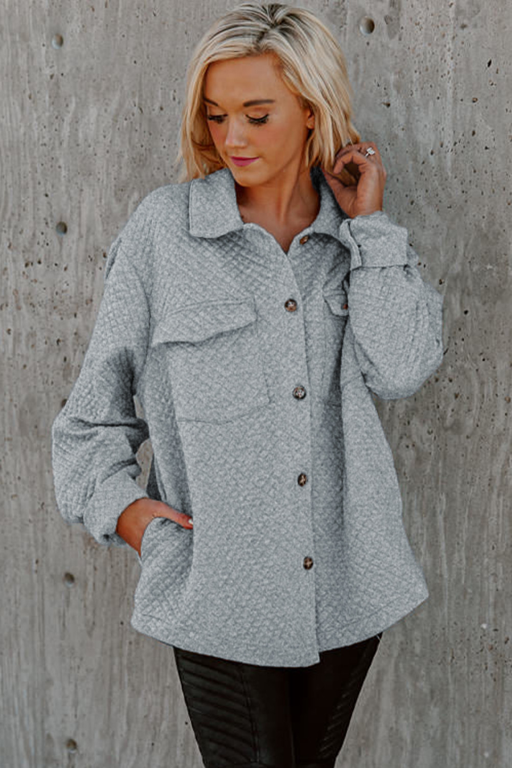 $11.12 Gray Retro Quilted Flap Pocket Button Shacket Wholesale
