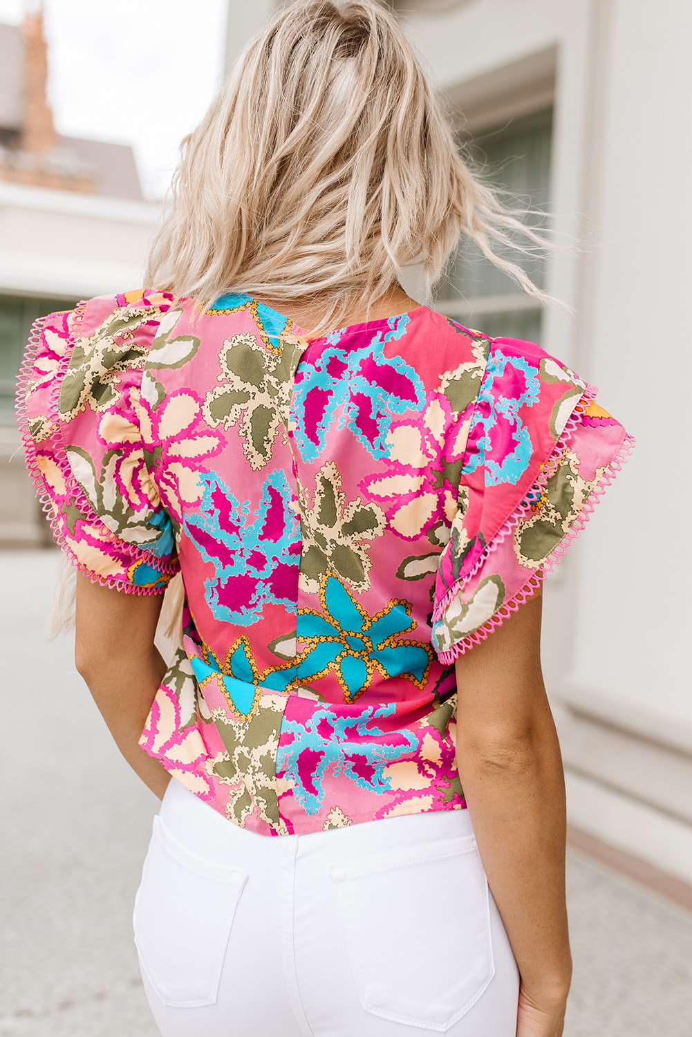 $6.98 Multicolor Vibrant Floral Print Trimmed Ruffle Sleeve Blouse ...