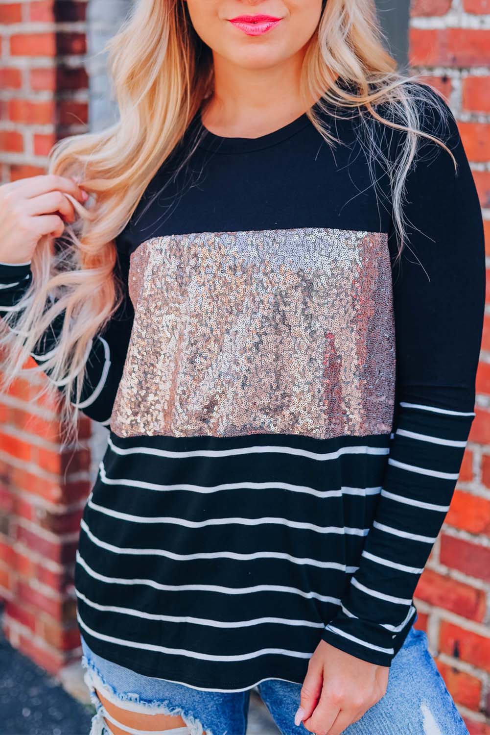$5.69 Black Sequin Striped Long Sleeve Top Wholesale