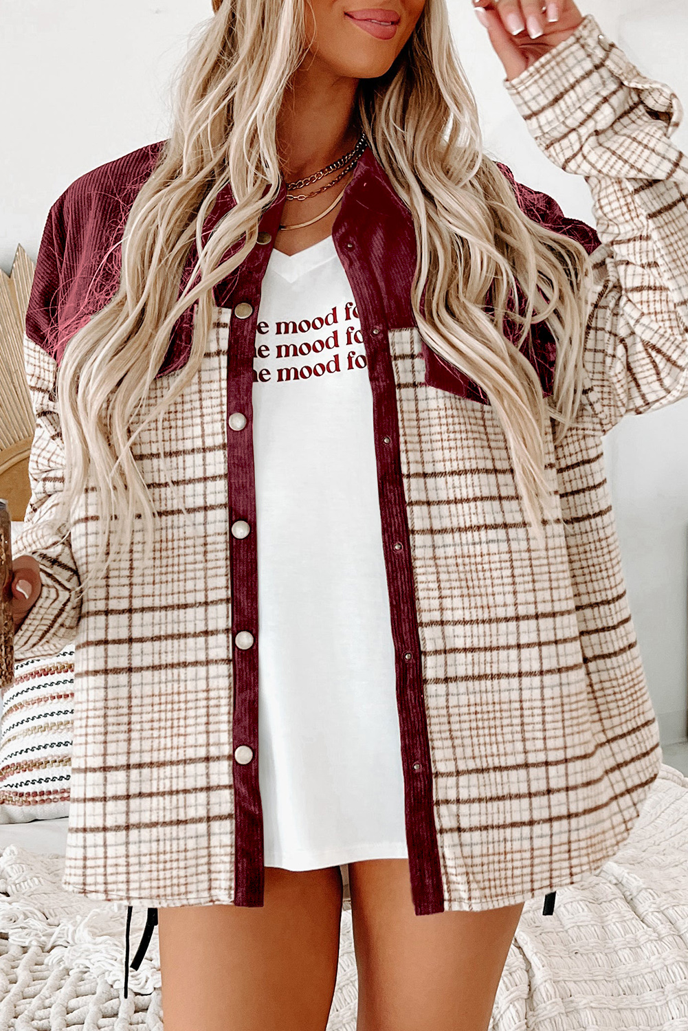 $11.99 Fiery Red Plaid Patchwork Button-up Shift Shirt Jacket Wholesale
