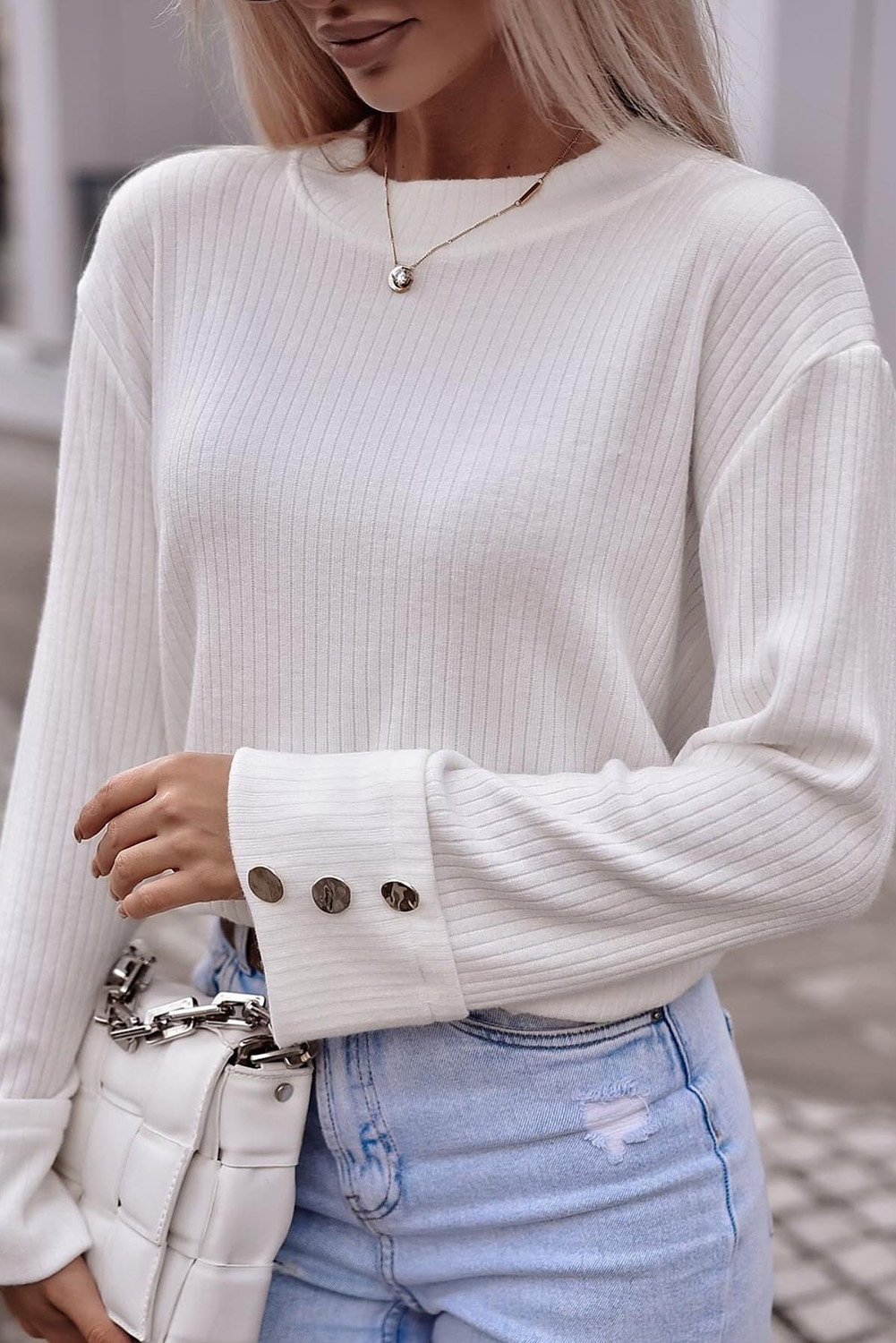 $5.98 White Button Rolled Cuffs Ribbed Loose Top Wholesale