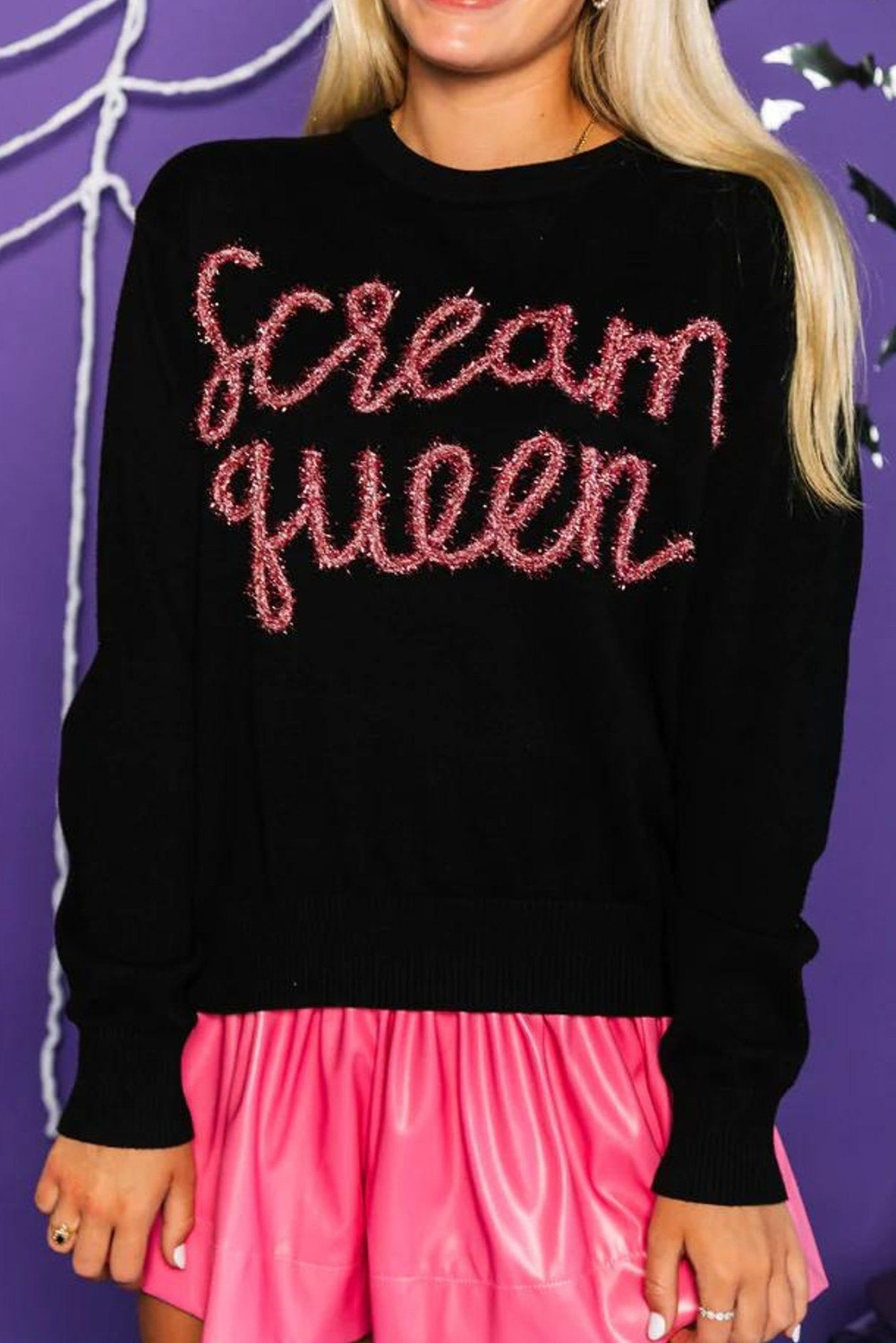 $8.69 Black Shiny Scream Queen Graphic Sweater Wholesale