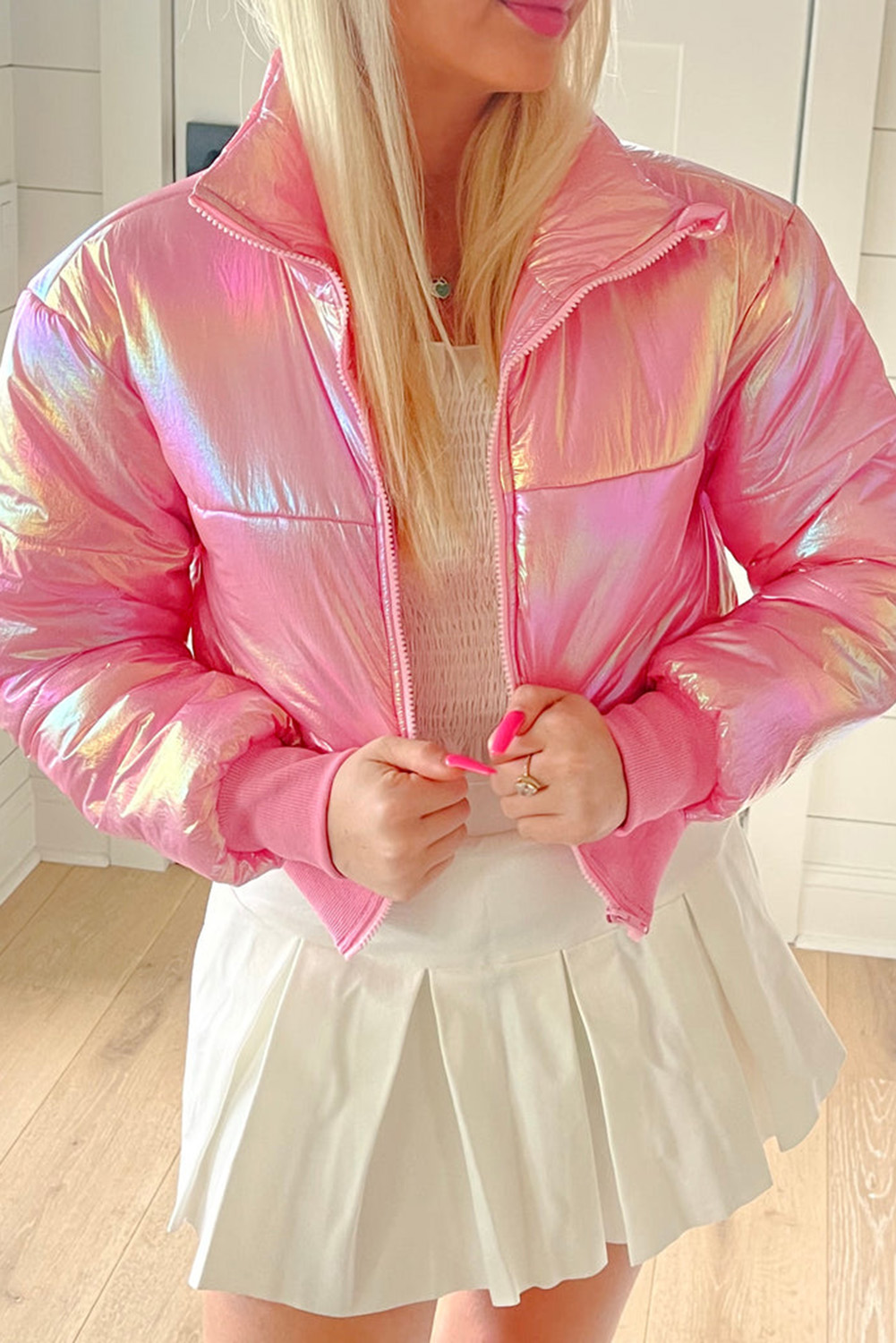 $15.69 Rose Cropped Iridescent Puffer Jacket Wholesale