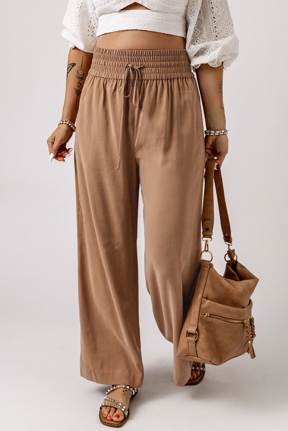 $6.4 Brown Drawstring Elastic Waist Casual Wide Leg Pants Wholesale