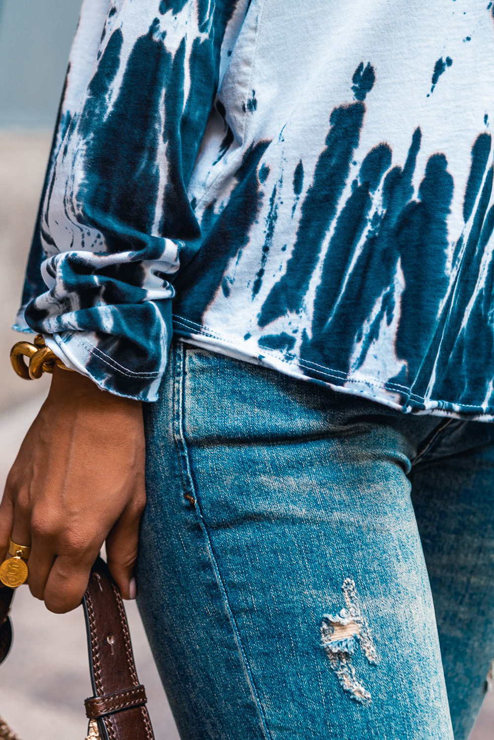 $5.49 Prussian Blue Tie-Dye Long Sleeve V-Neck Top Wholesale