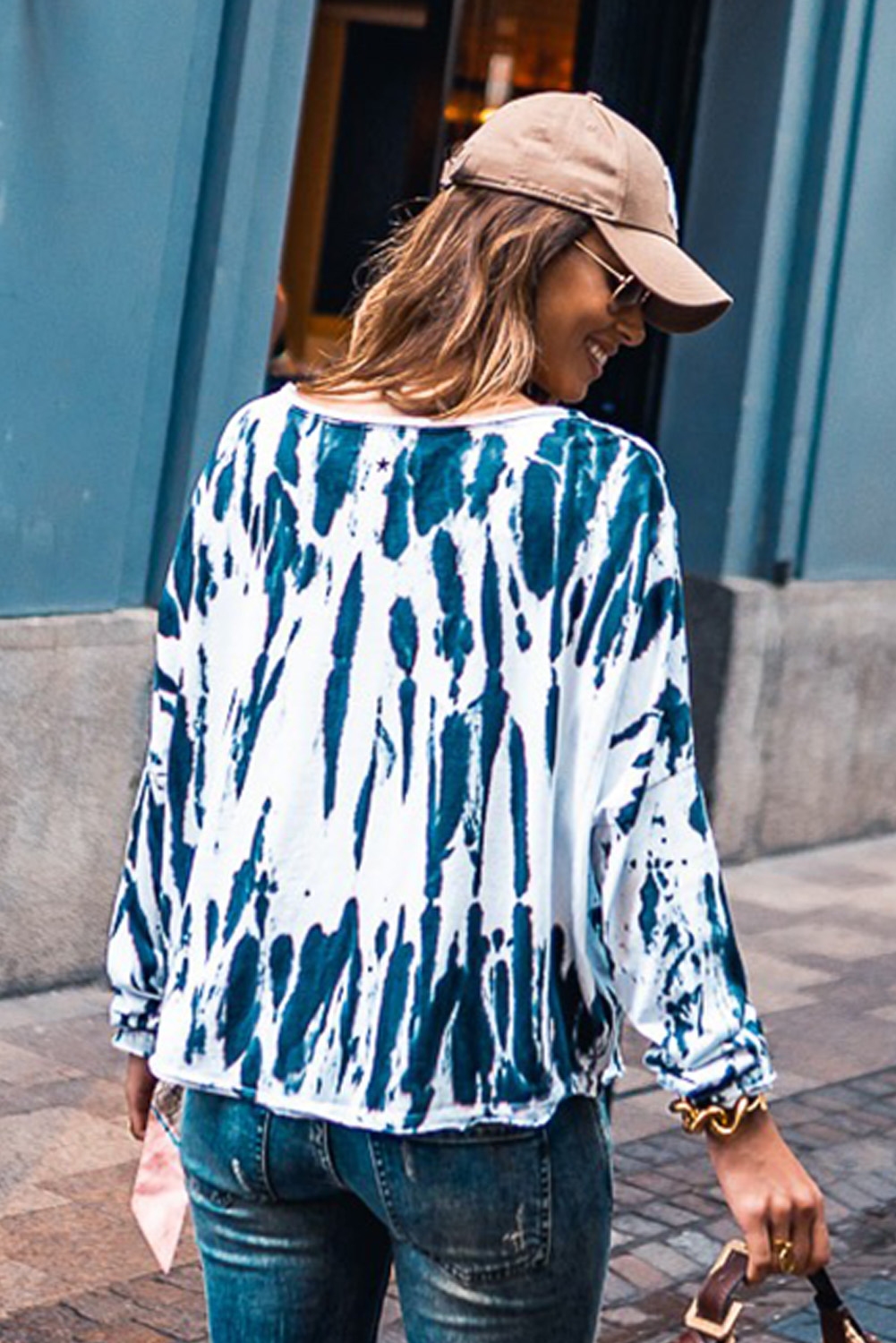 $5.49 Prussian Blue Tie-Dye Long Sleeve V-Neck Top Wholesale