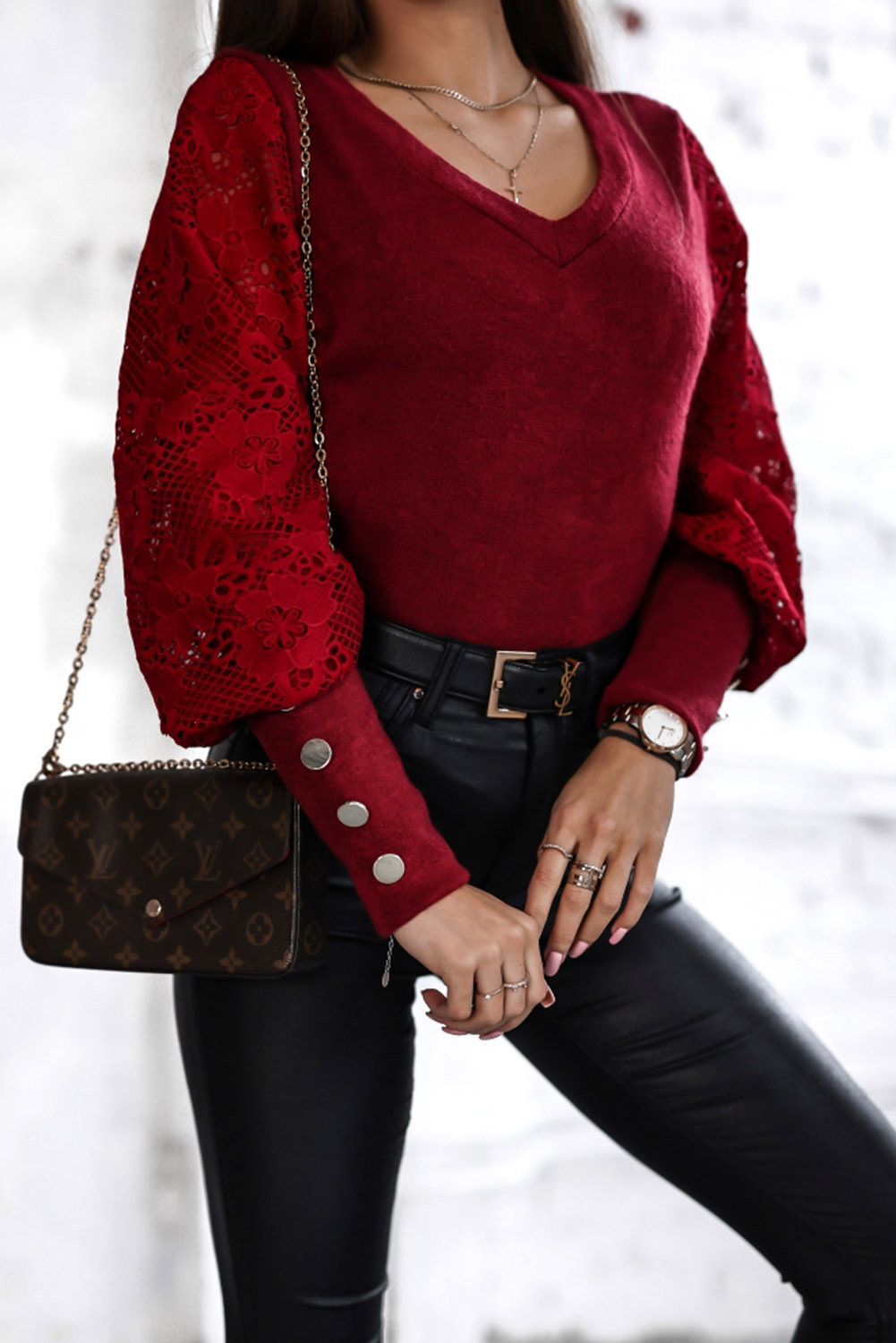 $7.29 Burgundy Buttoned Cuffs Lace Puff Sleeve Top Wholesale