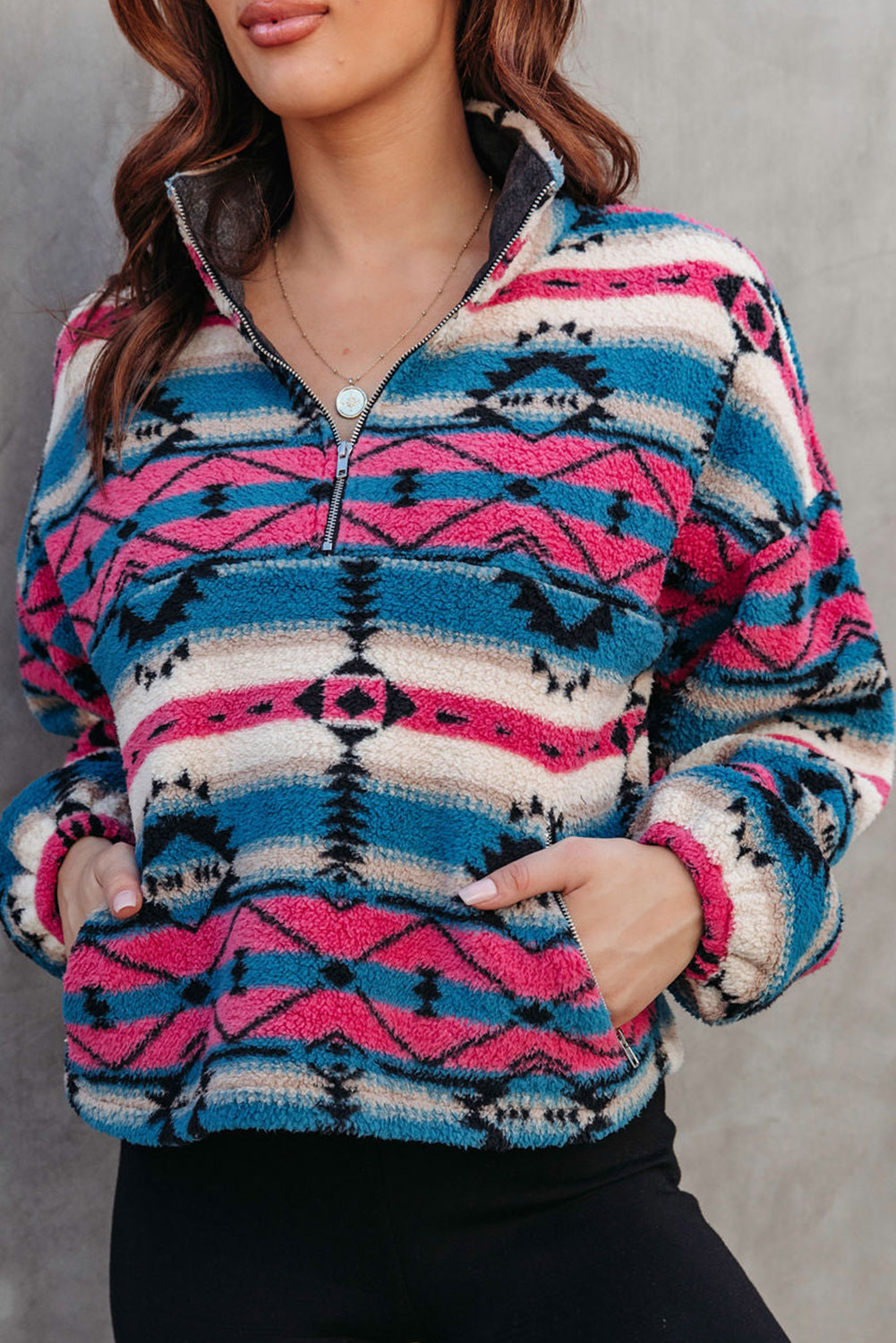 $10.12 Blue Western Fashion Printed Half Zip Teddy Sweatshirt Wholesale