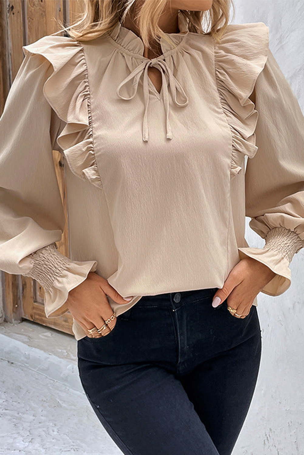 $6.06 Khaki Ruffled Lace up Bubble Sleeve Blouse Wholesale