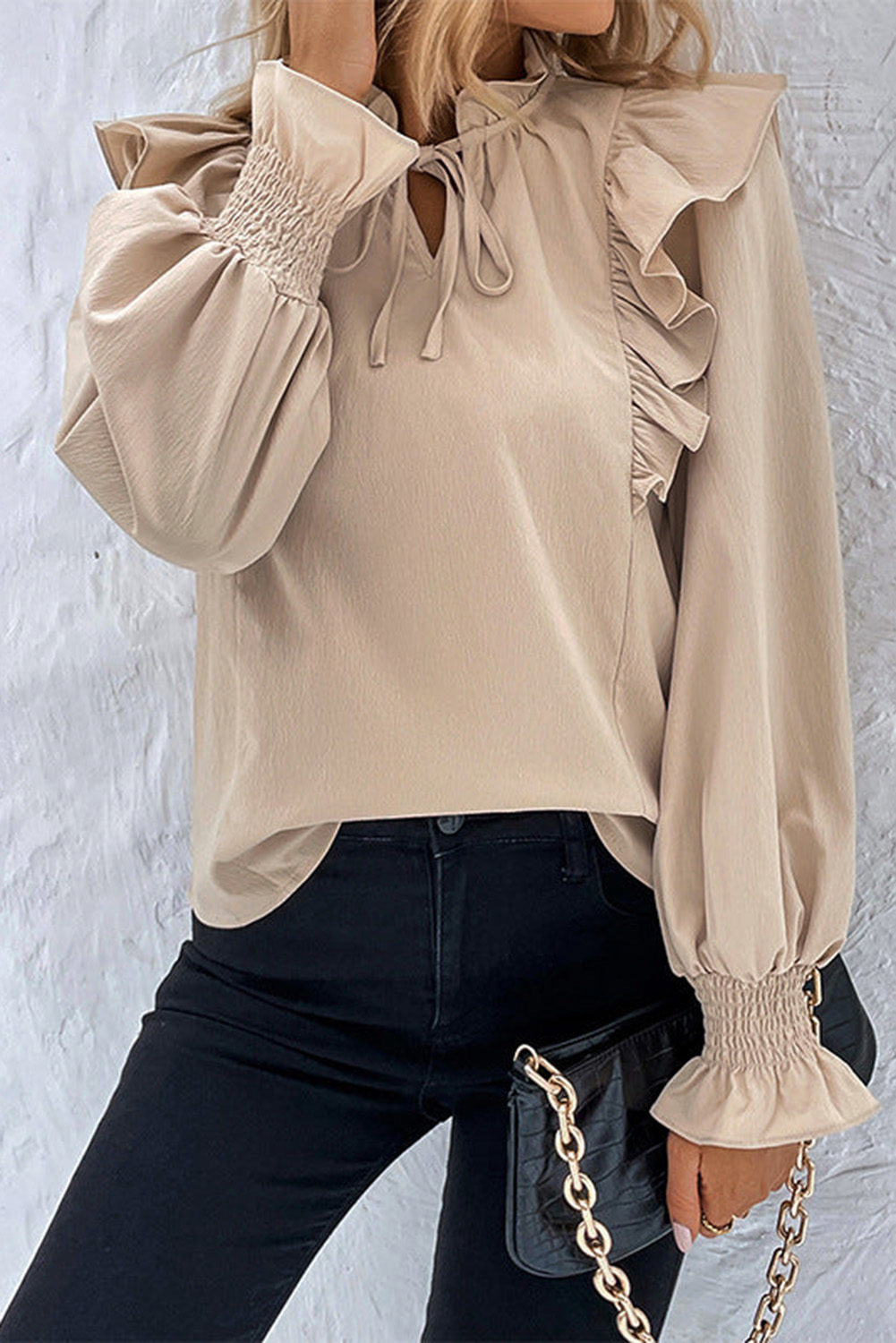 $6.06 Khaki Ruffled Lace up Bubble Sleeve Blouse Wholesale