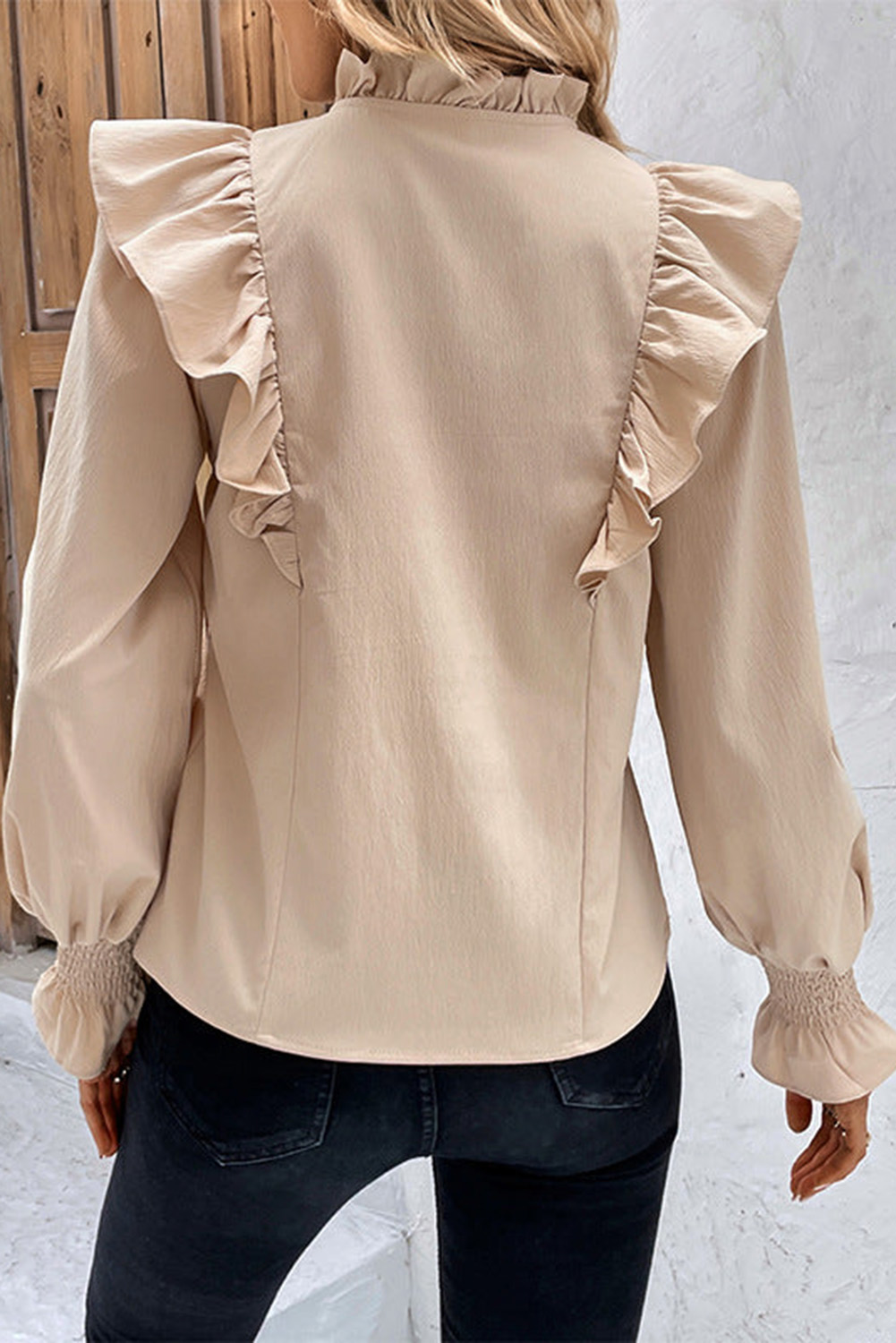 $6.06 Khaki Ruffled Lace up Bubble Sleeve Blouse Wholesale