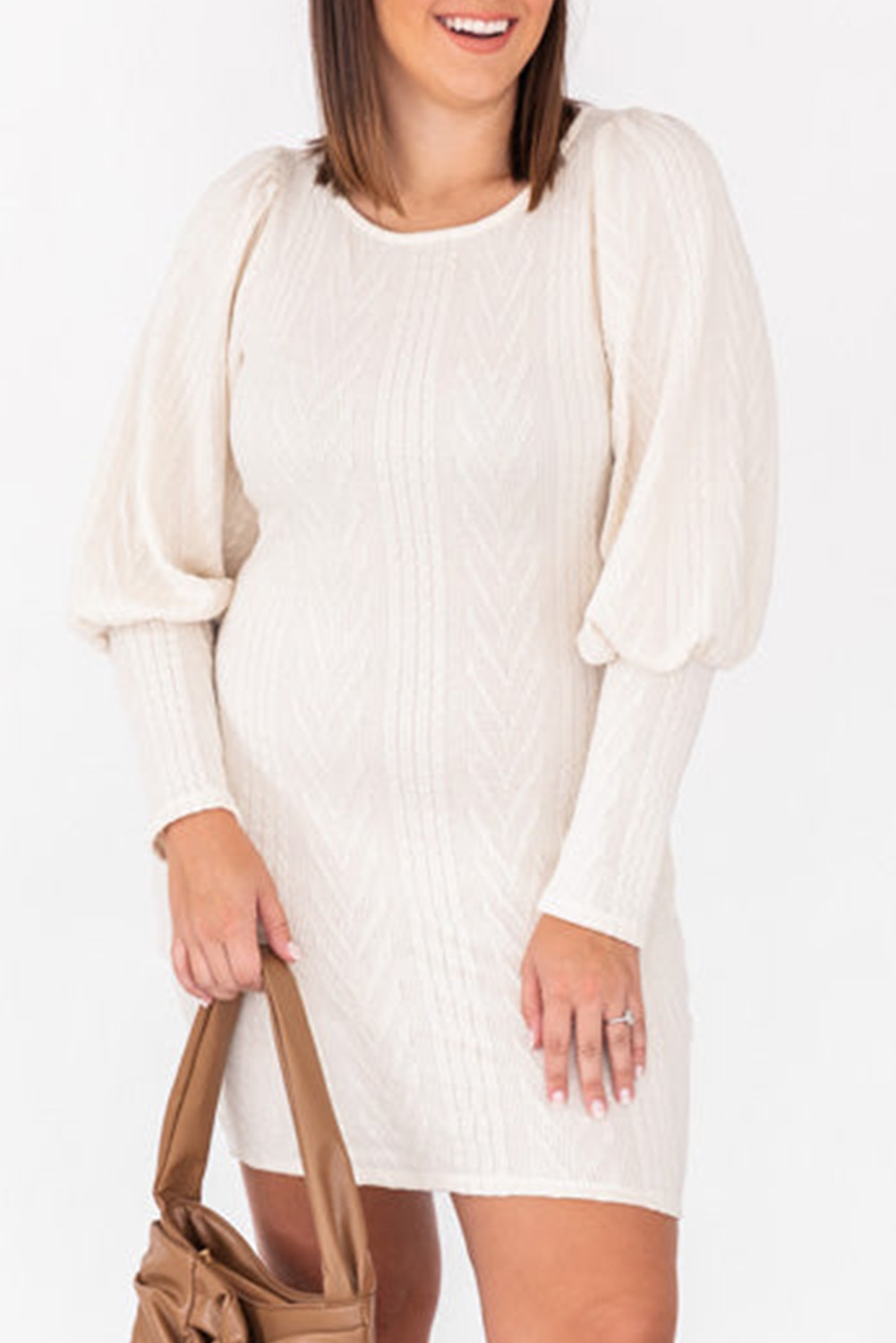 $7.49 White Cable Textured Knit Puff Sleeve Curvy Mini Dress Wholesale
