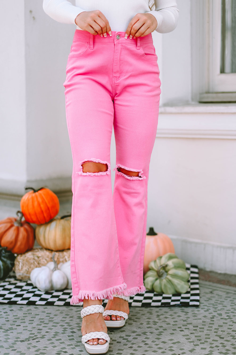 $11.8 Pink Vintage High Waist Flare Leg Ripped Raw Hem Jeans Wholesale