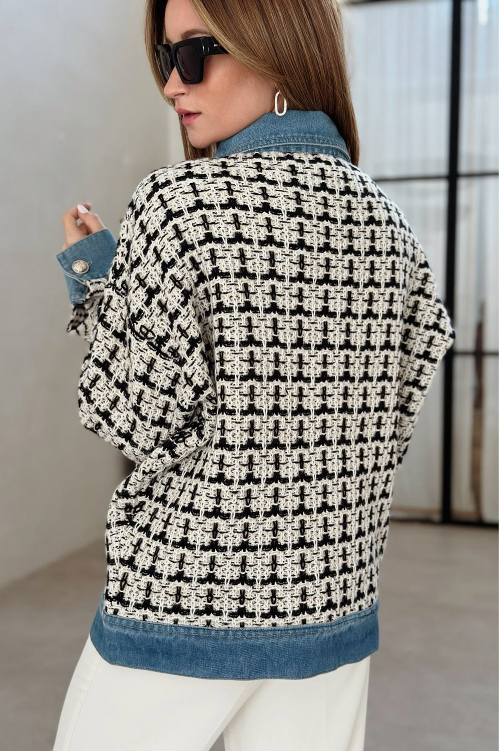 $15.29 White Denim Patchwork Tweed Jacket Wholesale