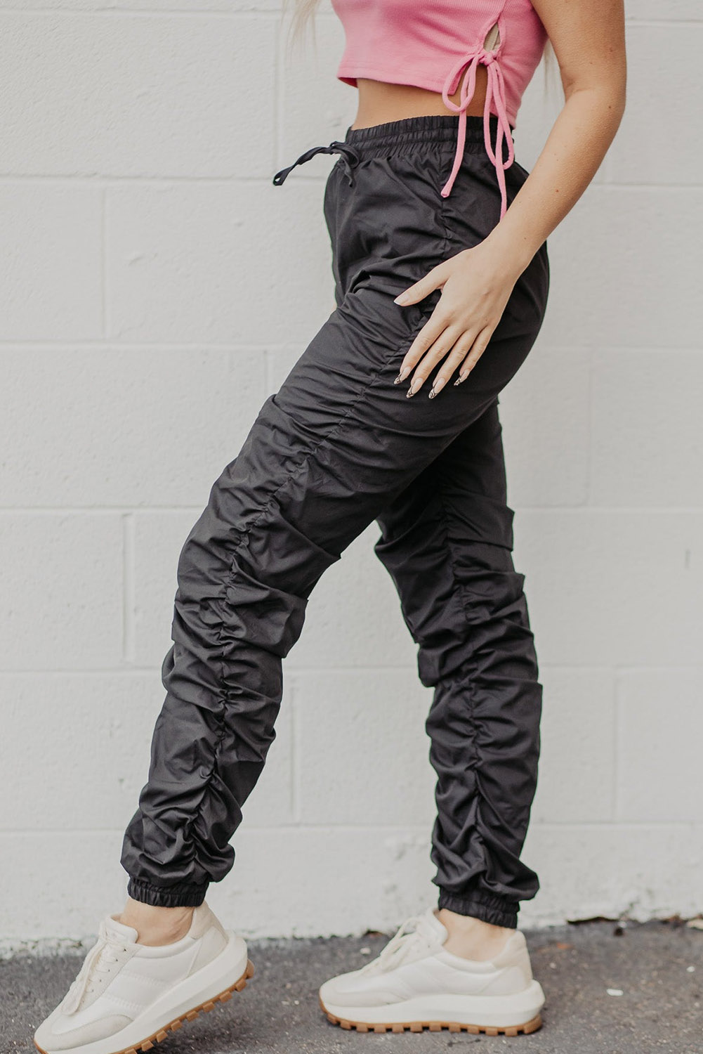 $7.89 Black Ruched Side Seam Drawstring Pants Wholesale