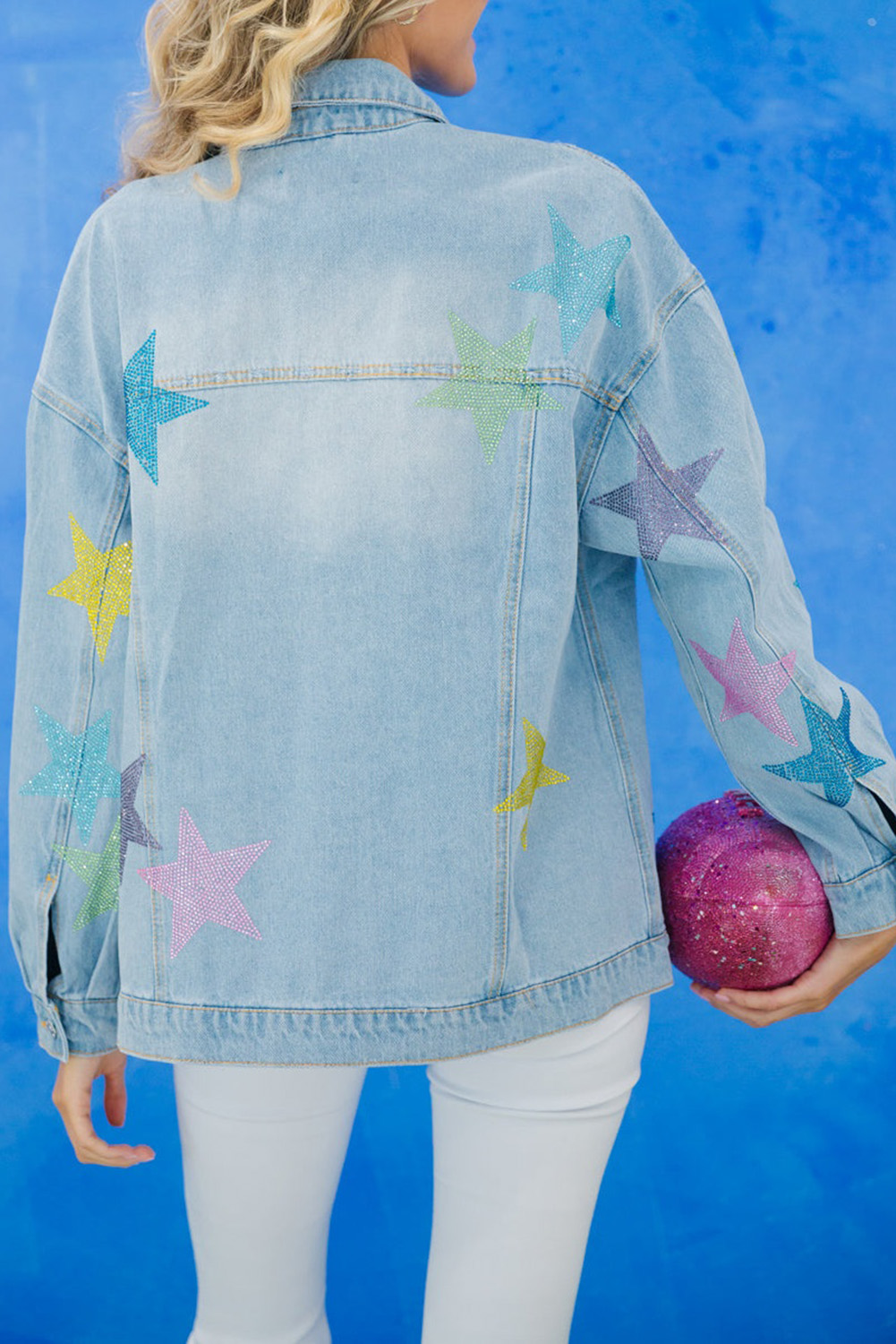 $16.69 Light Blue Rhinestone Star Flap Pocket Denim Jacket Wholesale
