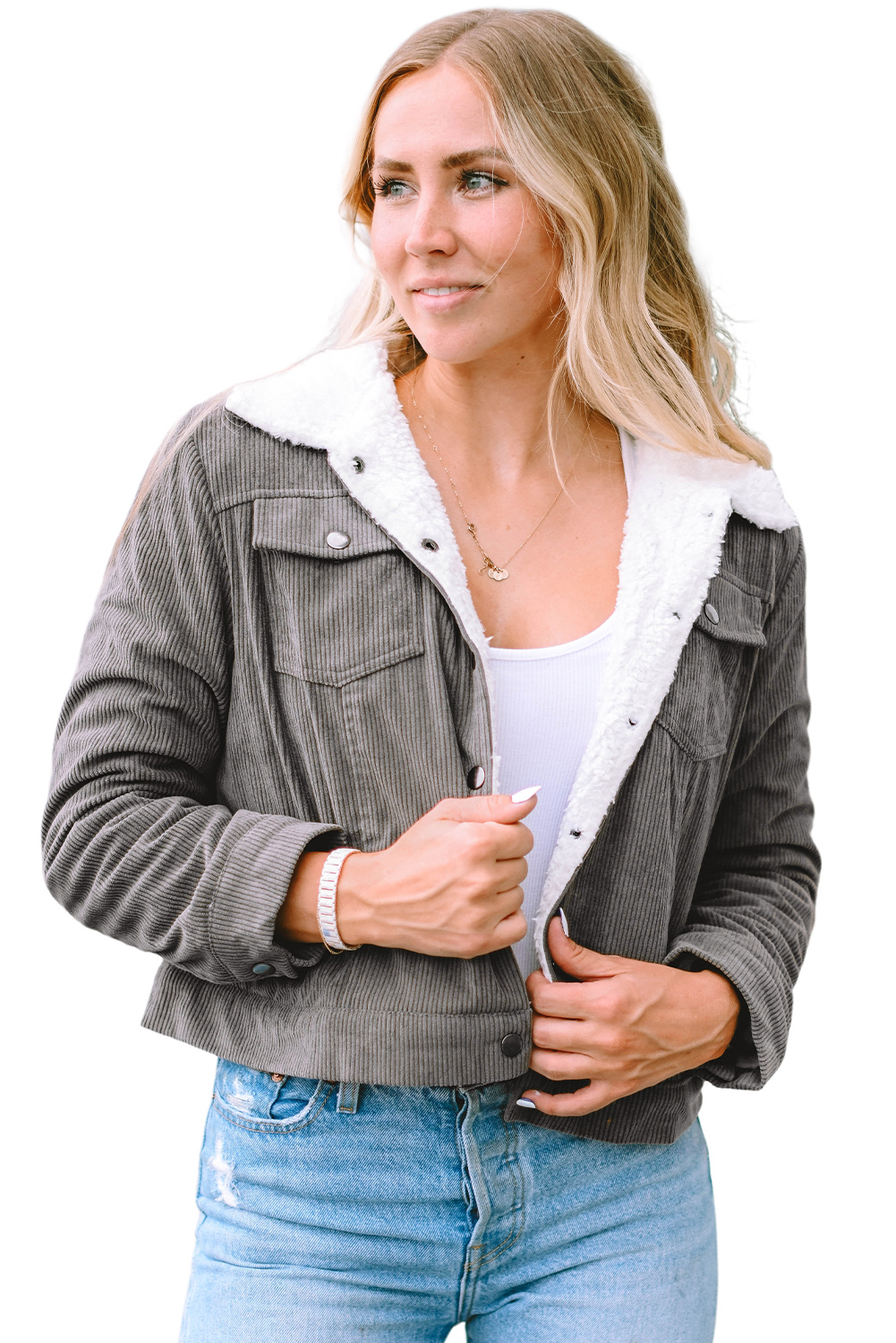 $13.9 Gray Corduroy Sherpa Snap Button Flap Jacket Wholesale