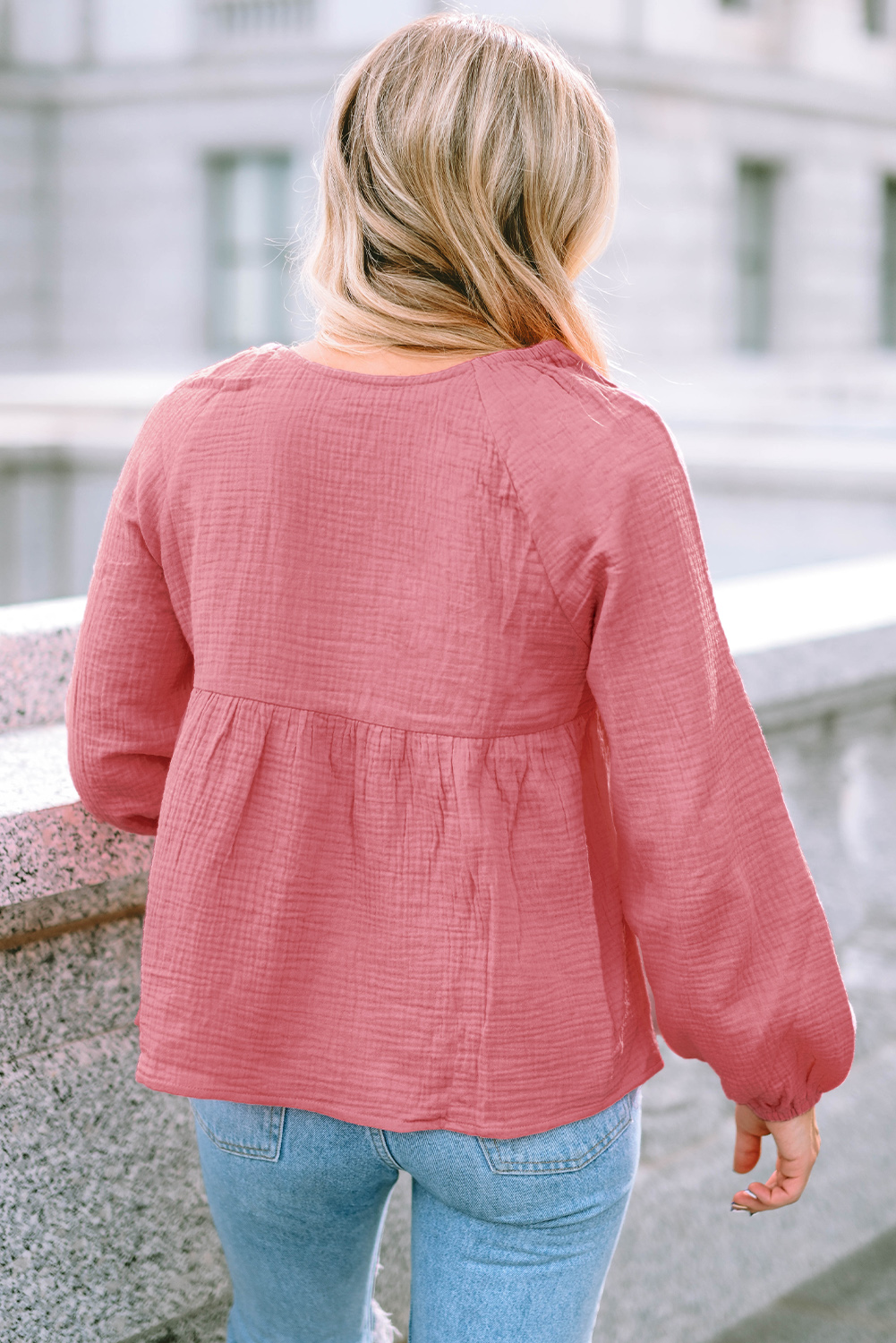 $7.9 Pink Bubble Sleeve Textured Flowy Blouse Wholesale
