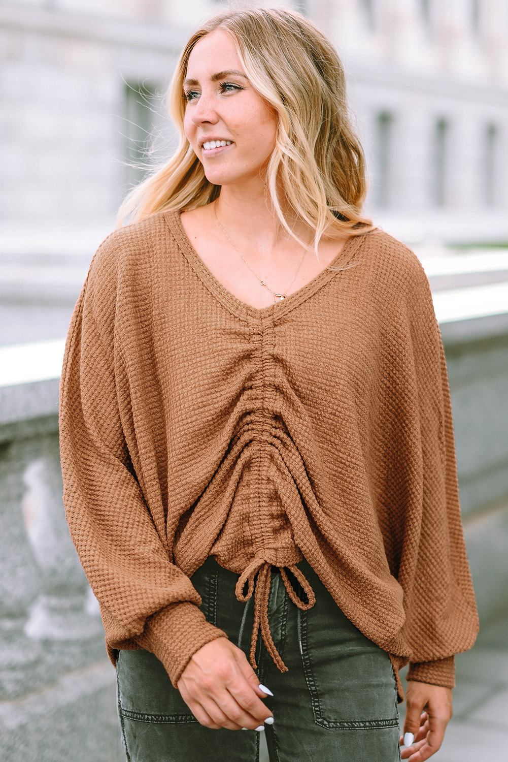$5.5 Brown V-Neck Drawstring Dolman Sleeve Waffle Knit Top Wholesale
