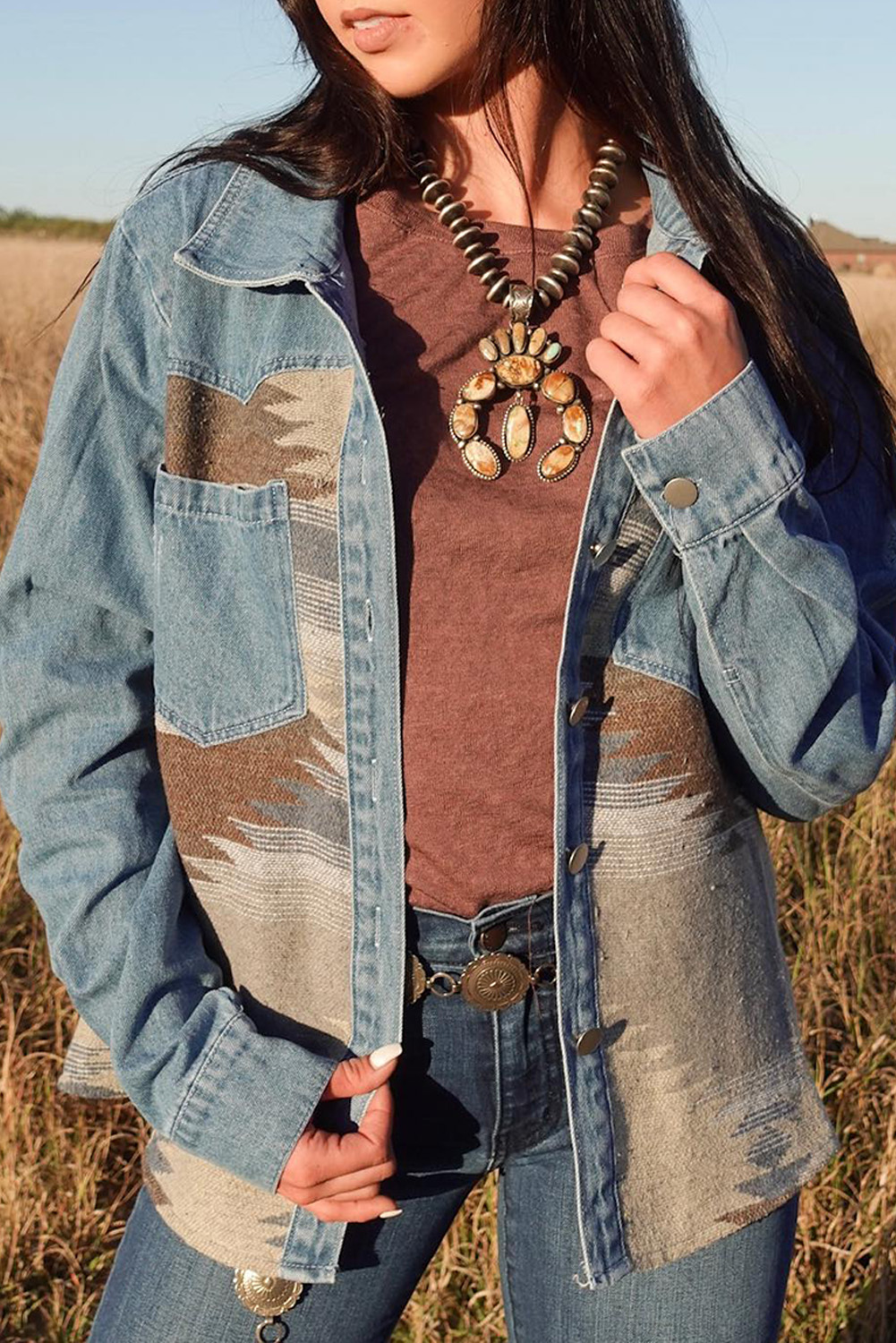 $15.29 Mist Blue Aztec Print Patch Chest Pocket Denim Shacket Wholesale