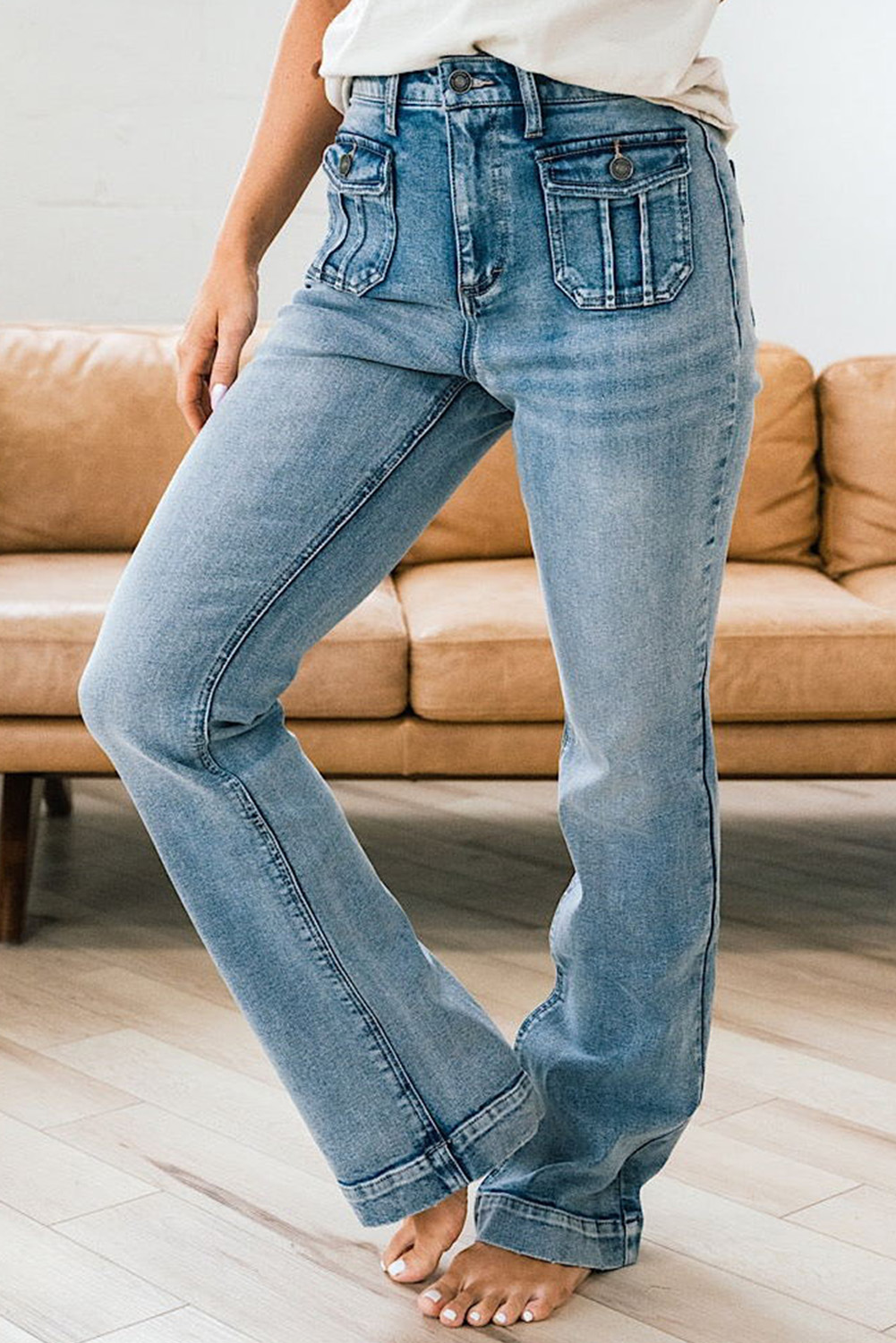 $11.98 Light Blue Functional Flap Pockets Slightly Flared Jeans Wholesale