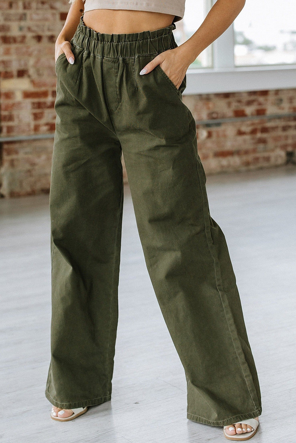 $10.69 Moss Green Frilled Waist Wide Leg Paperbag Pants Wholesale