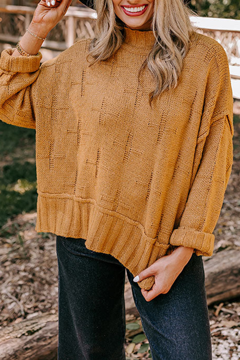 $9.29 Camel Cross Pattern Textured High Neck Loose Sweater Wholesale